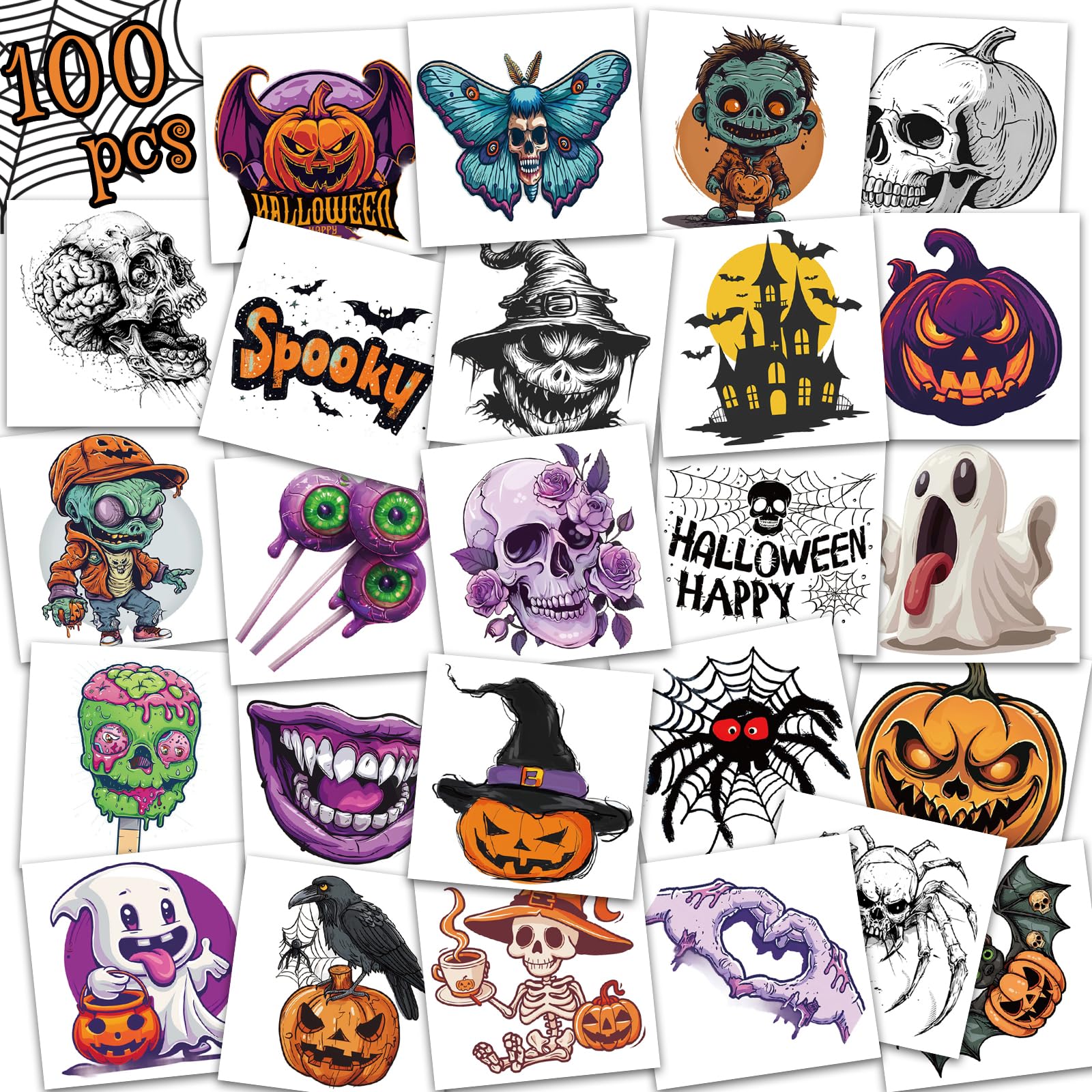 Amazon.com : Ozepao 100 Pcs (2" x 2") Halloween Temporary Tattoos ...