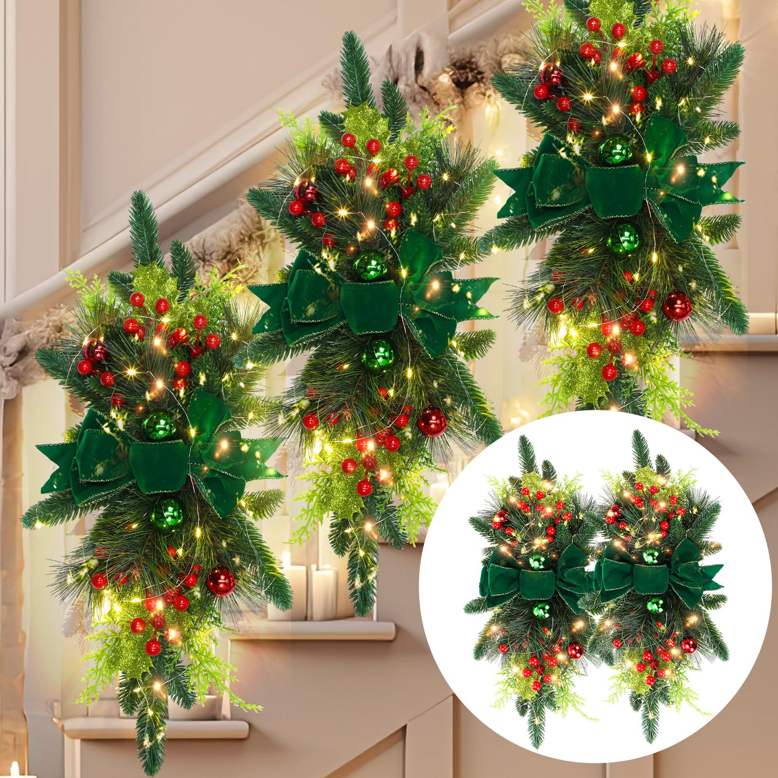 Amazon.com: Lyrow 2 Pcs Christmas Artificial Swags 24" Xmas The ...
