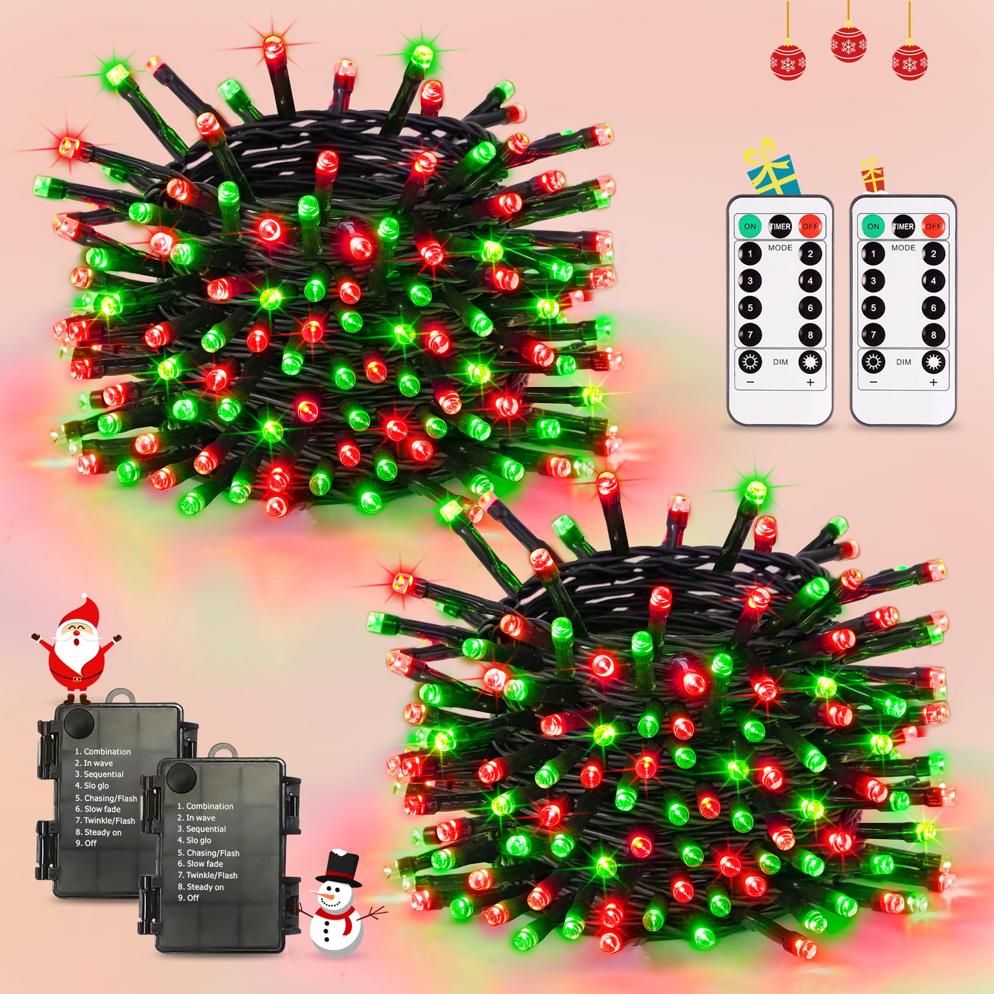 JMEXSUSS 2 Pack 100 LED Red and Green Christmas Lights, Battery ...