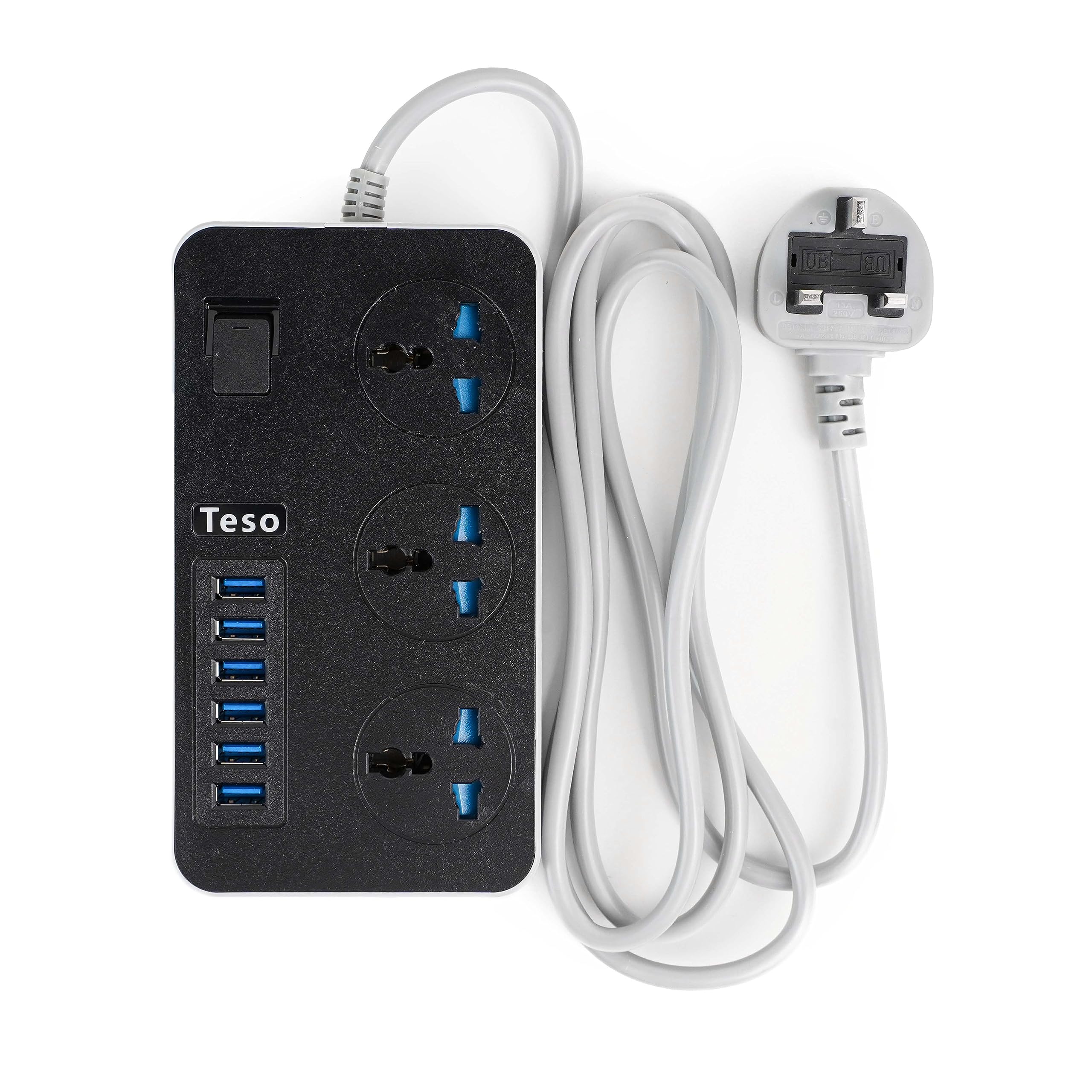 TESO 2M Power Extension Cord with 3 Power Sockets and 6 USB Slots, 3 ...