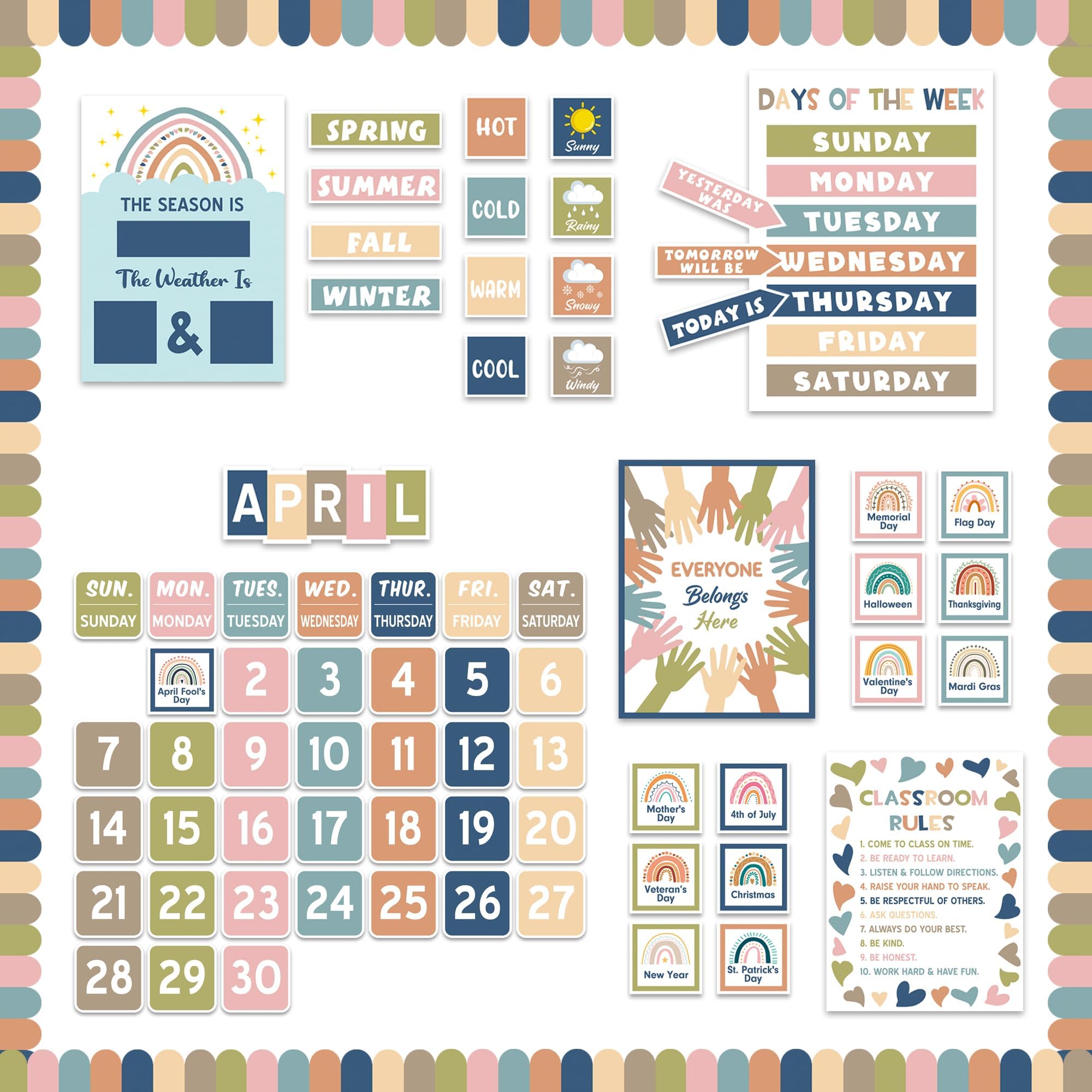 Amazon.com: Boho Rainbow Classroom Calendar Set - Boho Bulletin Board ...