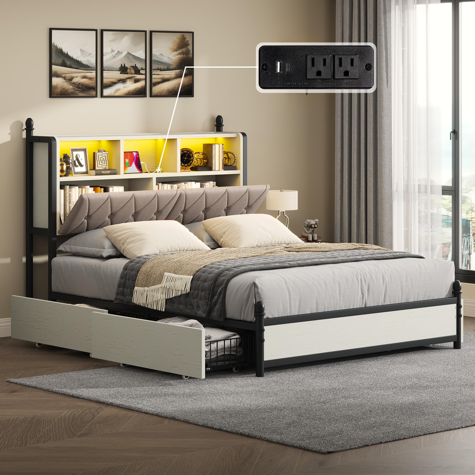 Amazon.com: LUXOAK Full Bed Frame with 2-Tier Storage Headboard, Metal ...