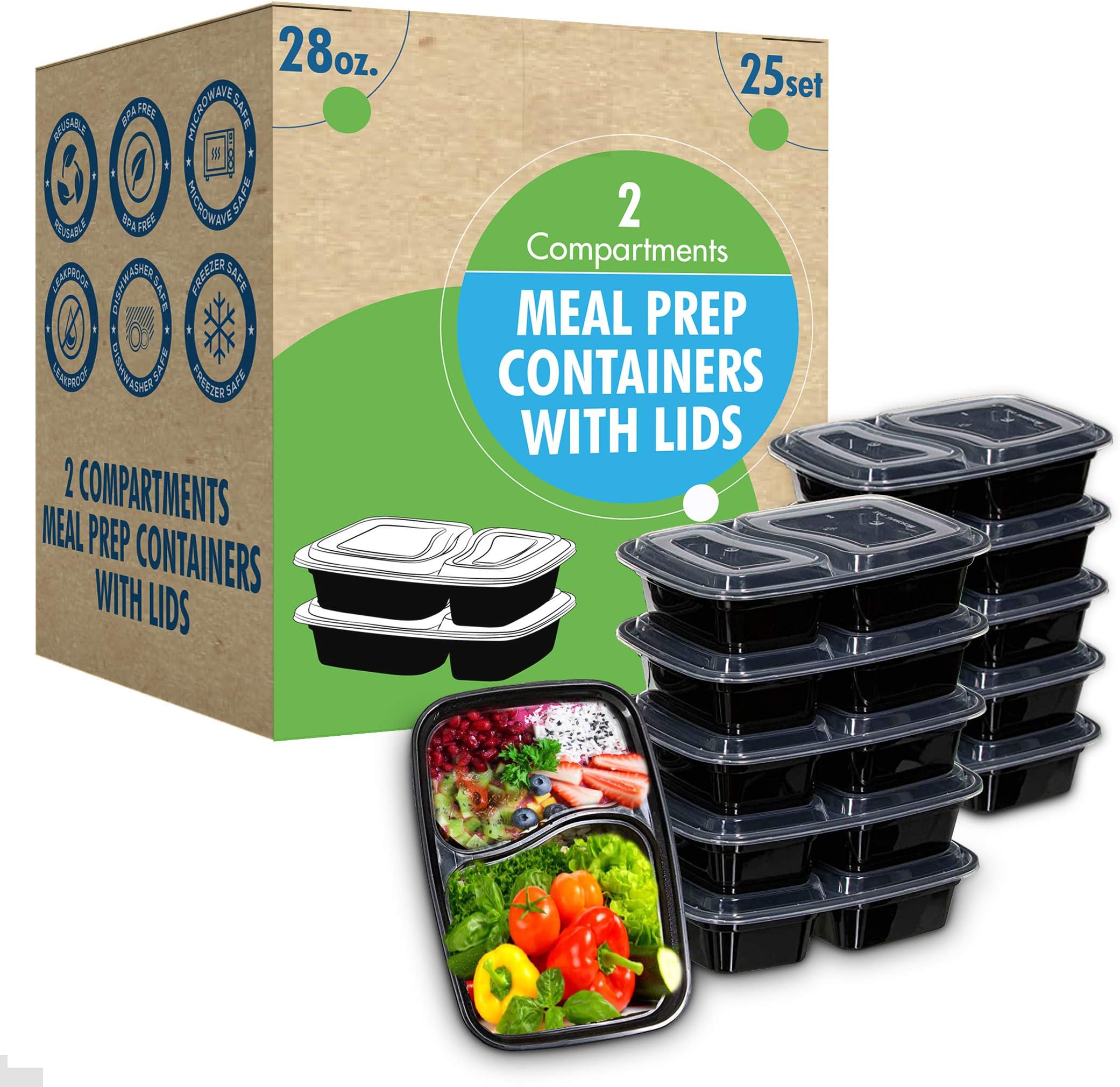 Amazon.com: Meal Prep Container Reusable 2 Compartment With Lids 28oz ...