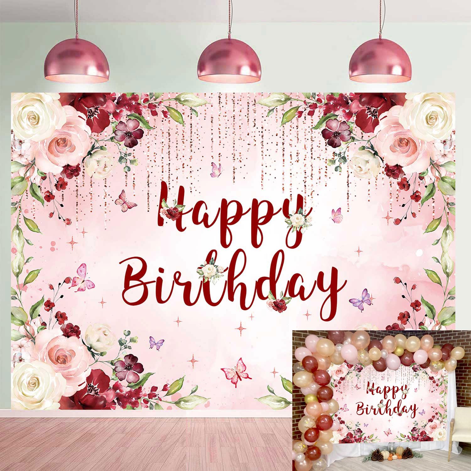 Amazon.com : Burgundy Floral Happy Birthday Backdrop Glitter Pink Rose ...