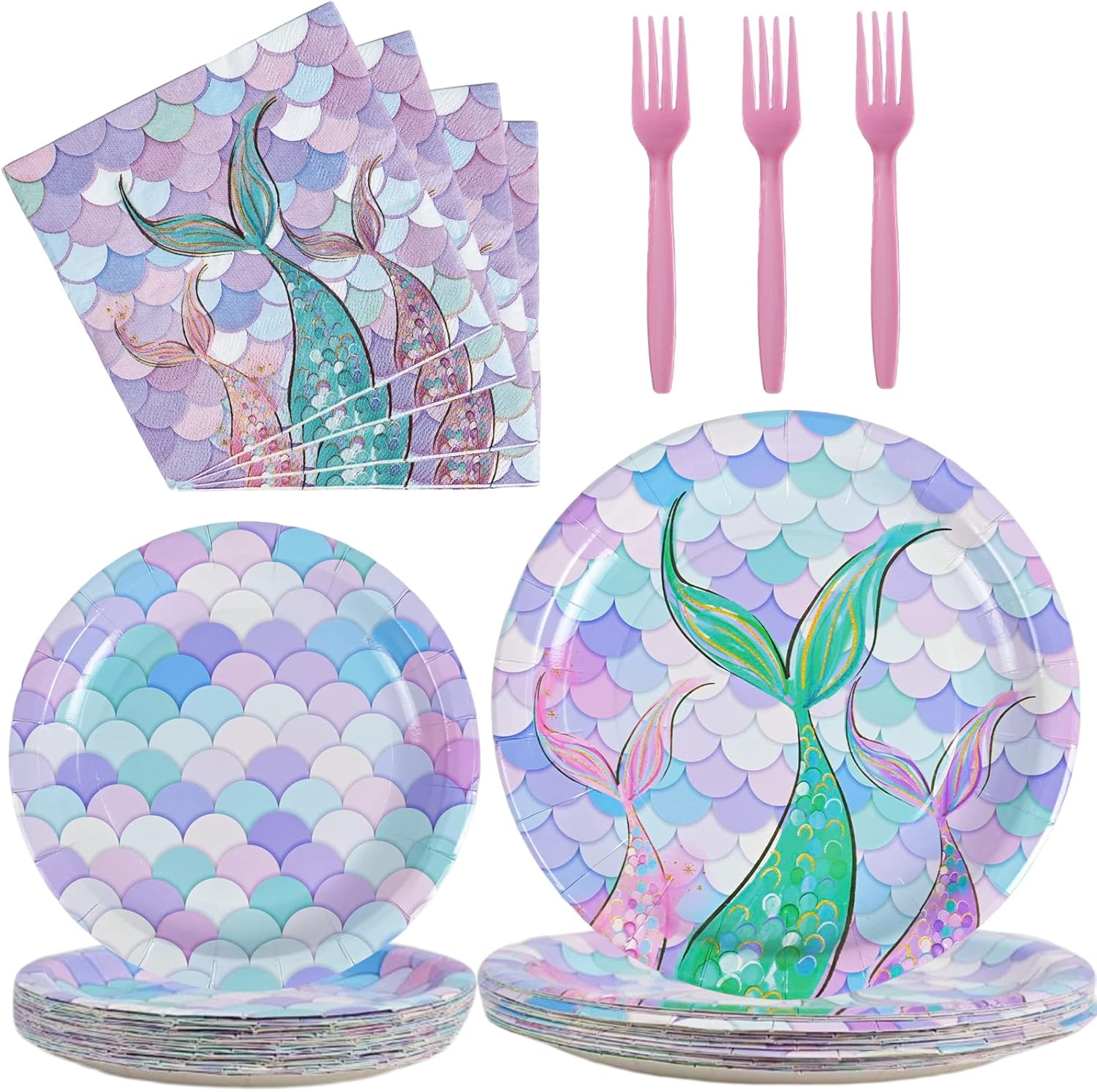 Amazon.com: Mermaid Paper Plates and Napkins for Kids Party Purple ...