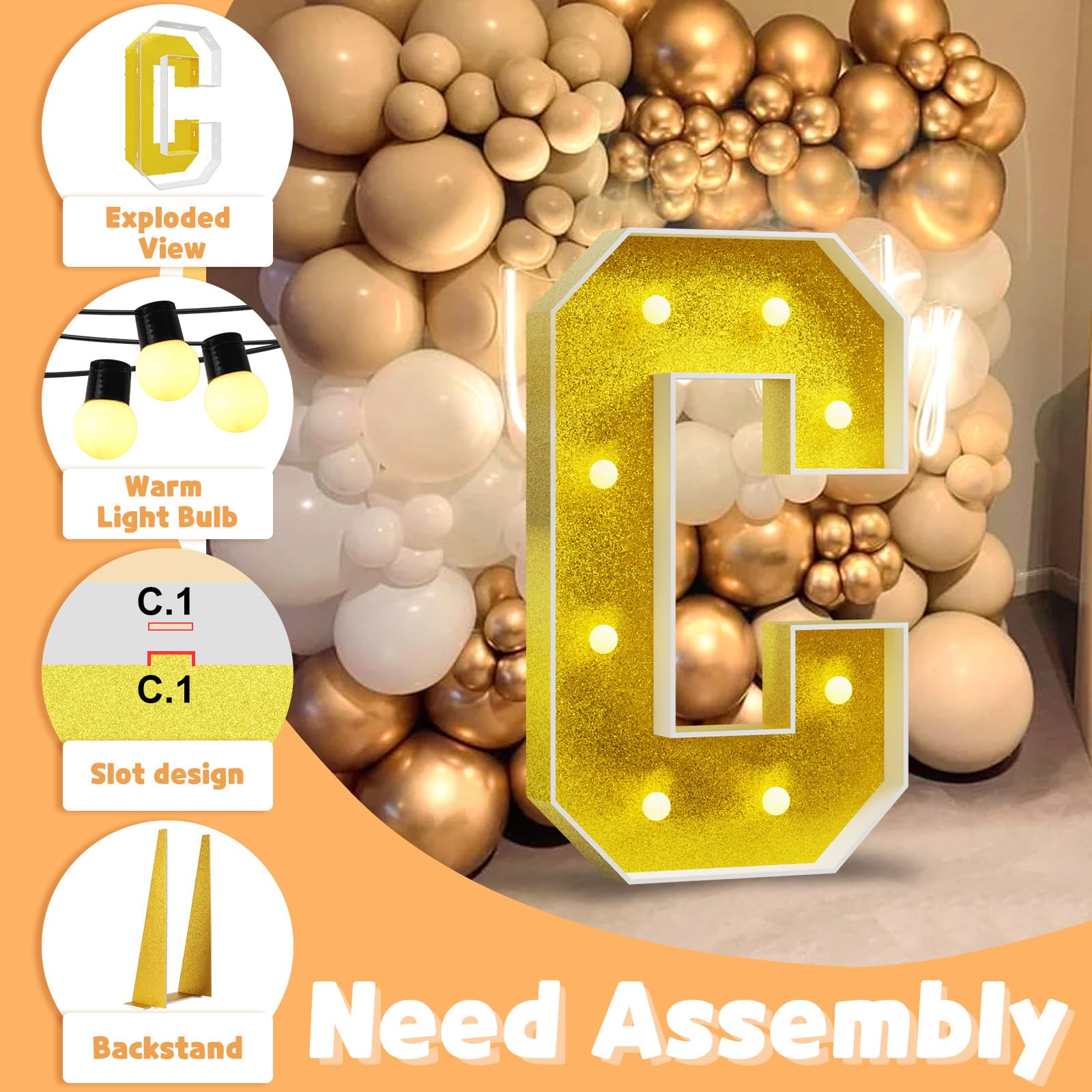 Snapklik.com : Imprsv 3FT Marquee Light Up Letters - Gold