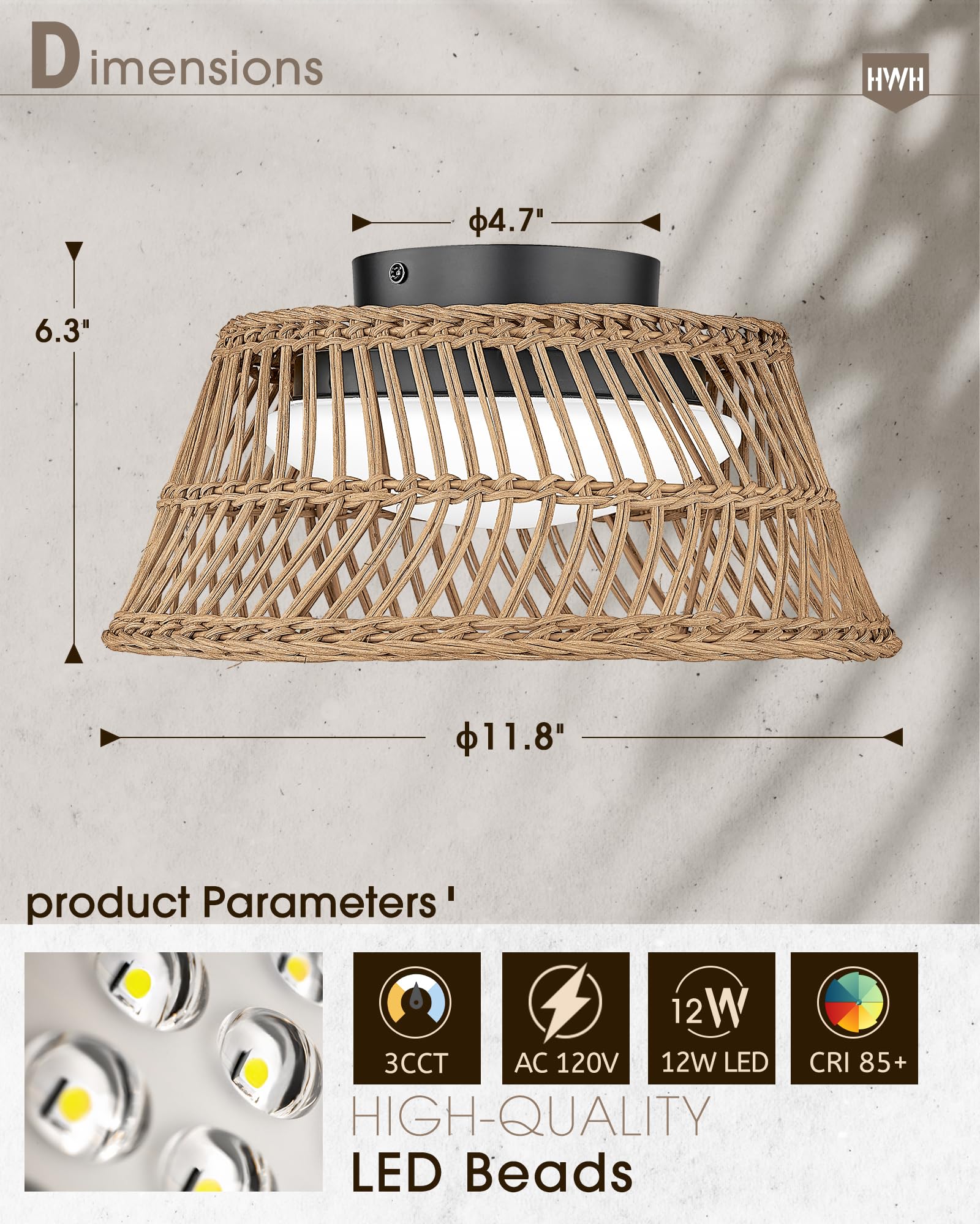 LED Rattan Ceiling Light 12 Inch, HWH 12W Led Semi Flush Mount Ceiling ...