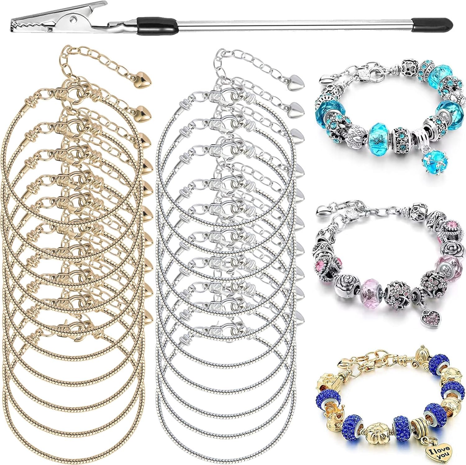 Amazon.com: 20 Piece Snake Chain Charm Bracelet with Helper, Adjustable ...