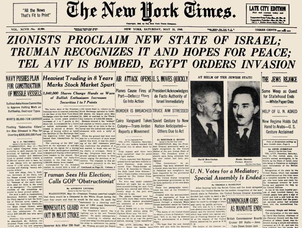 Amazon.com: Creation Of Israel 1948 Nthe Front Page Of The New York ...