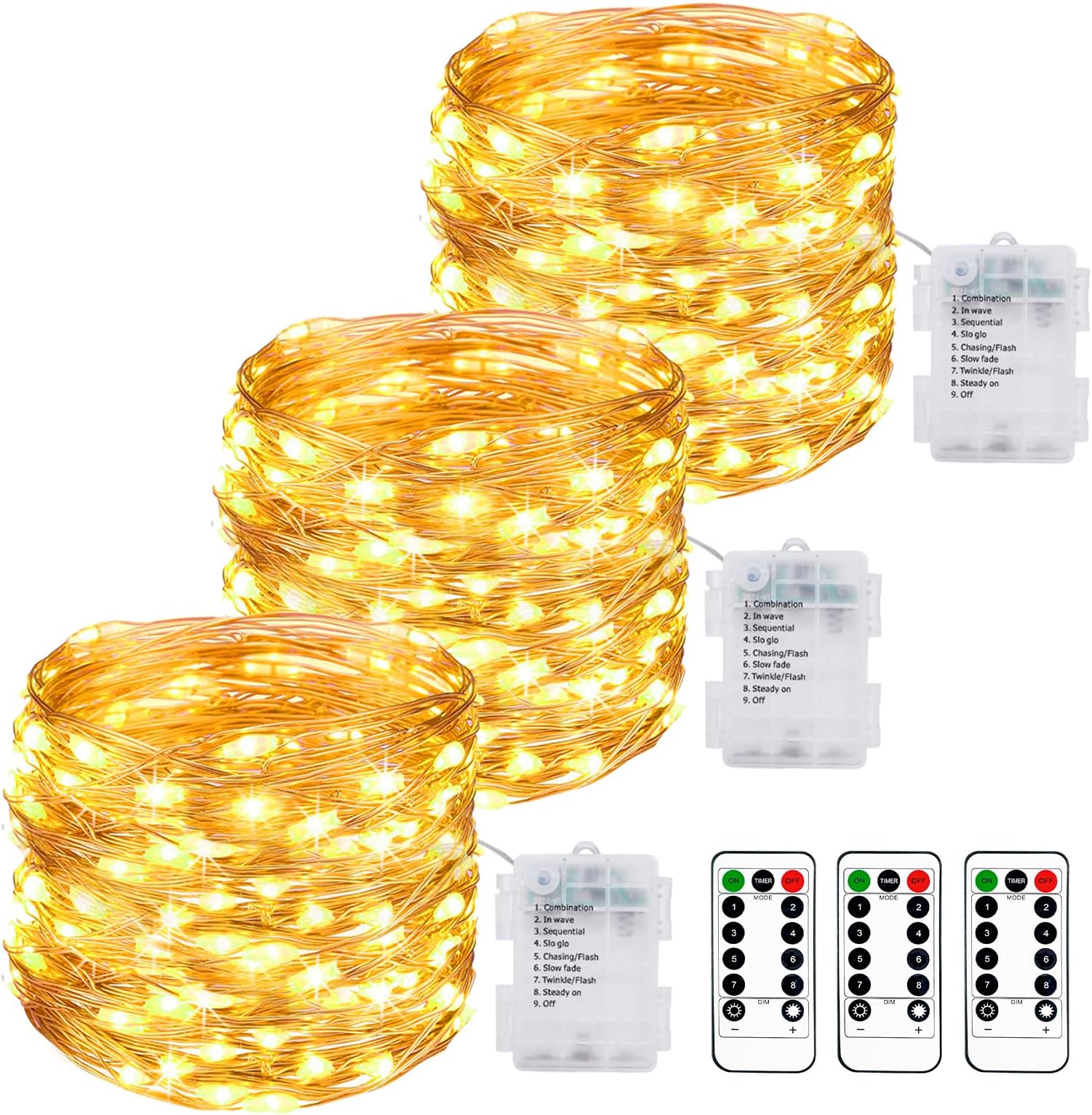 [Timer] 3 Packs Outdoor Fairy Lights Battery Powered, 33ft 100LED ...