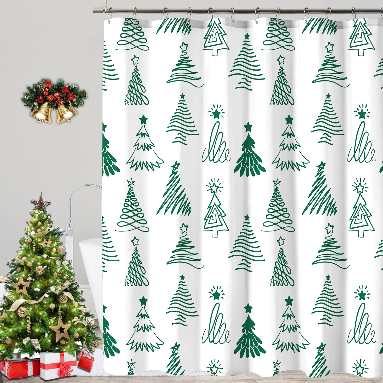 Amazon.com: COSEVIER Christmas Shower Curtains for Bathroom, Green White Christmas Tree Shower ...