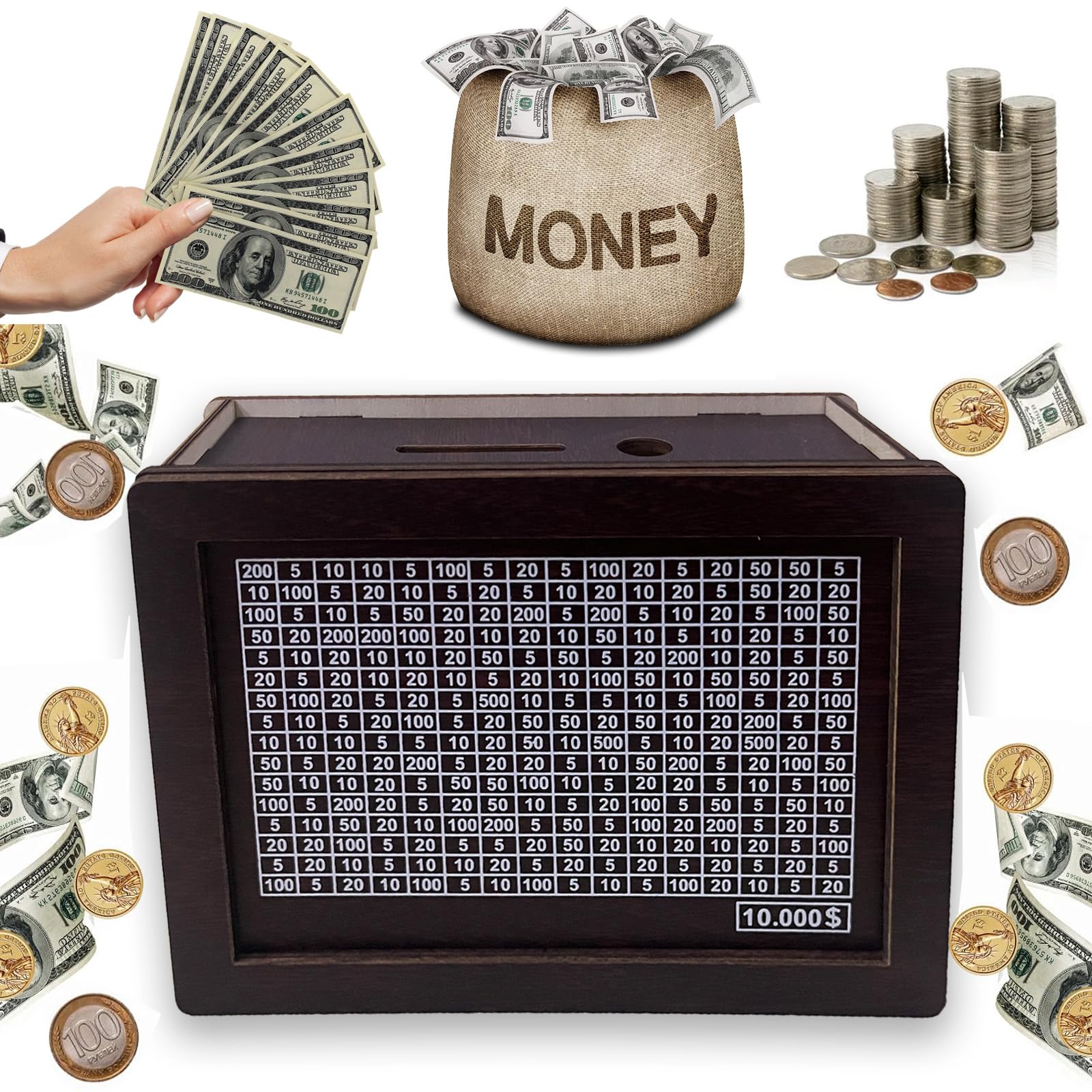 Amazon.com: Cash Vault Wooden Savings Challenge Box with Counting ...