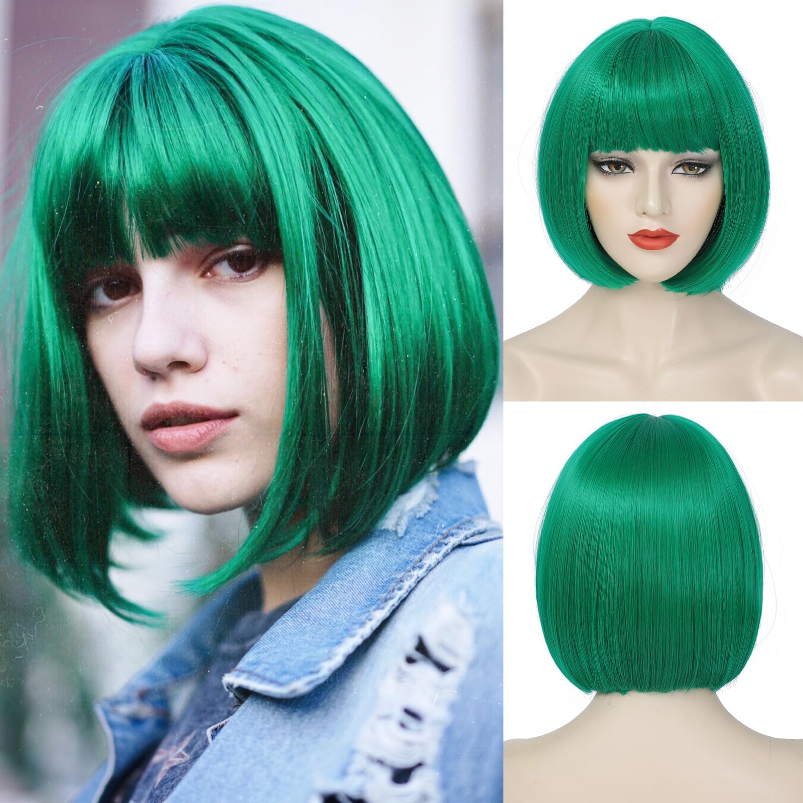 Amazon.com : YBYMCAI Green Bob Wig With Bangs Short Dark Green Bob Wigs ...