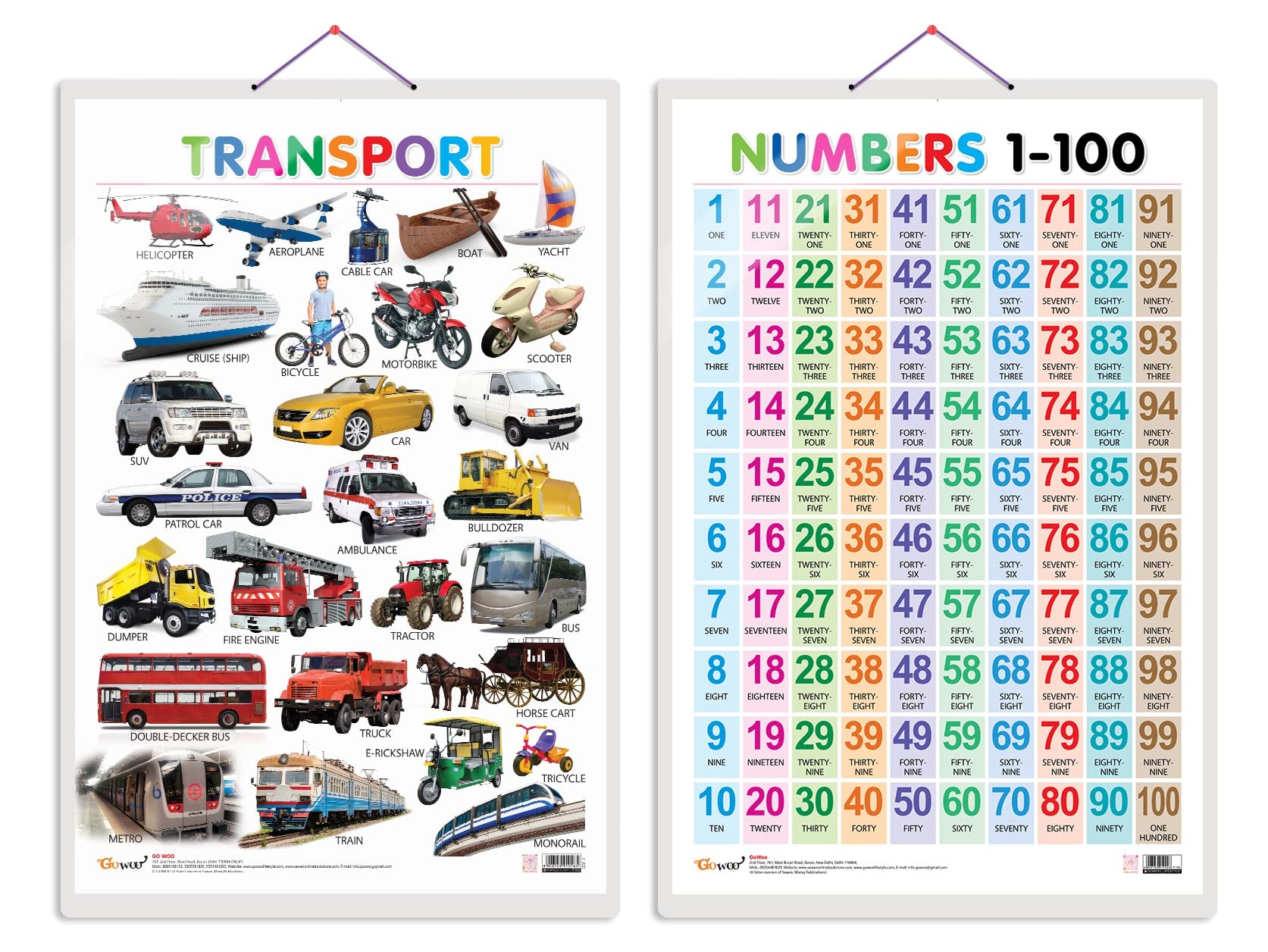 Set of 2 Transport and Numbers 1-100 Early Learning Educational Charts ...