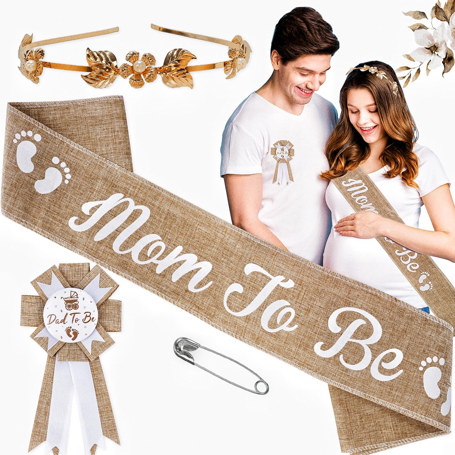 Amazon.com: Neutral Burlap Mom to Be Sash Dad to Be Pin Baby Shower ...