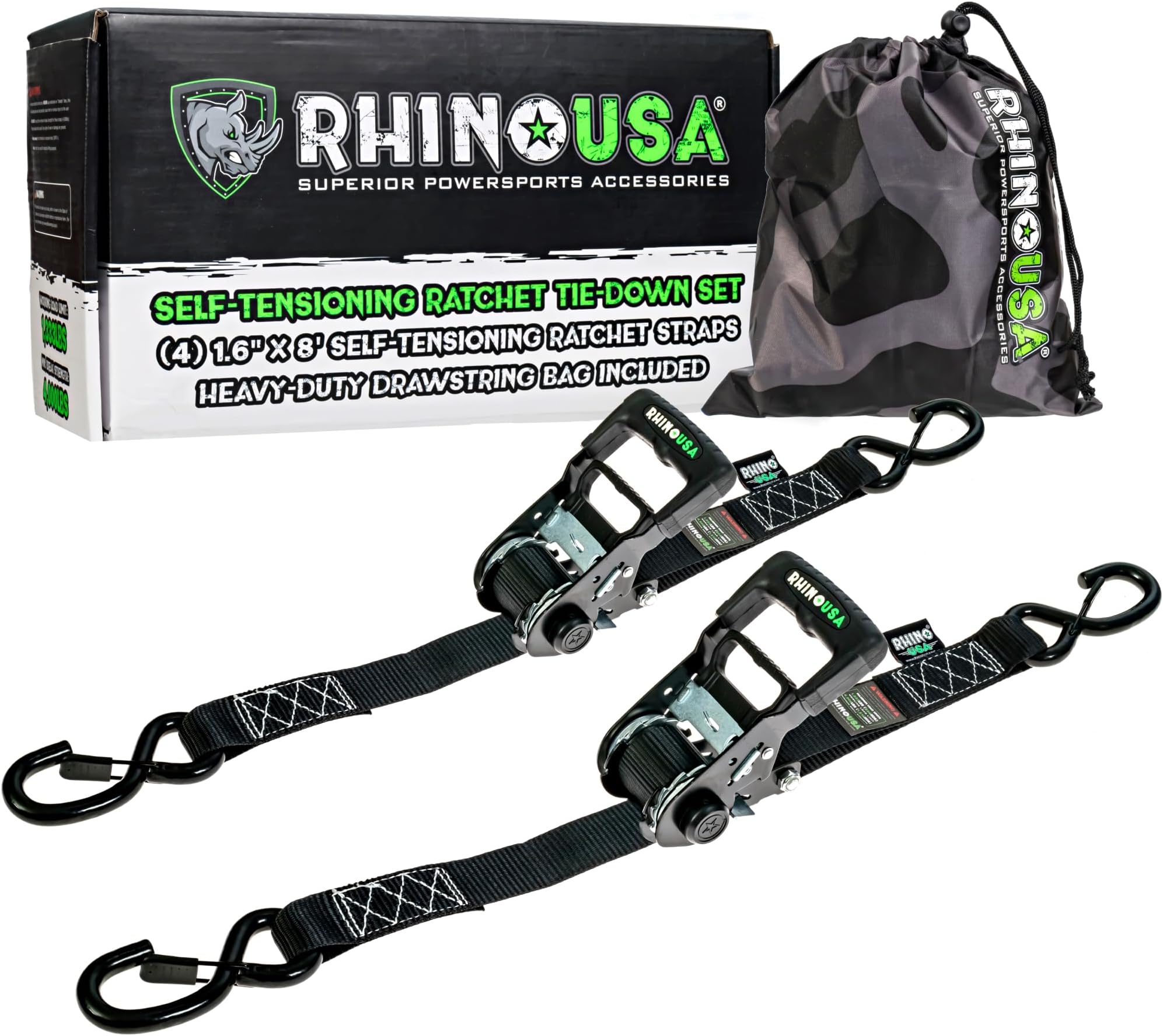 Amazon.com: Rhino USA Self Tensioning Ratchet Tie Down Straps (2PK 1 ...