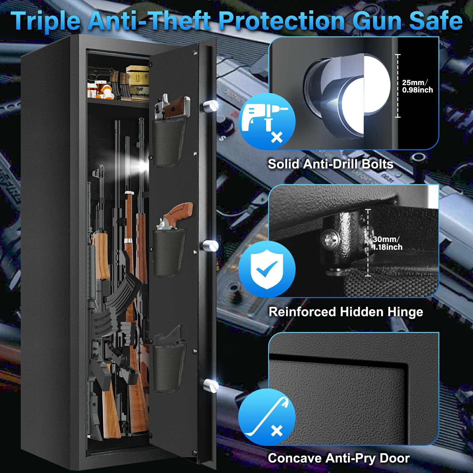 Snapklik.com : 54" 4-5 Biometric Fireproof Rifle Gun Safe, 77Lb Heavy ...