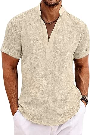 Amazon.com: BIVENANT Men's Casual Henley Shirt Short Sleeve Summer Shirts Linen 1/2 Button Band ...
