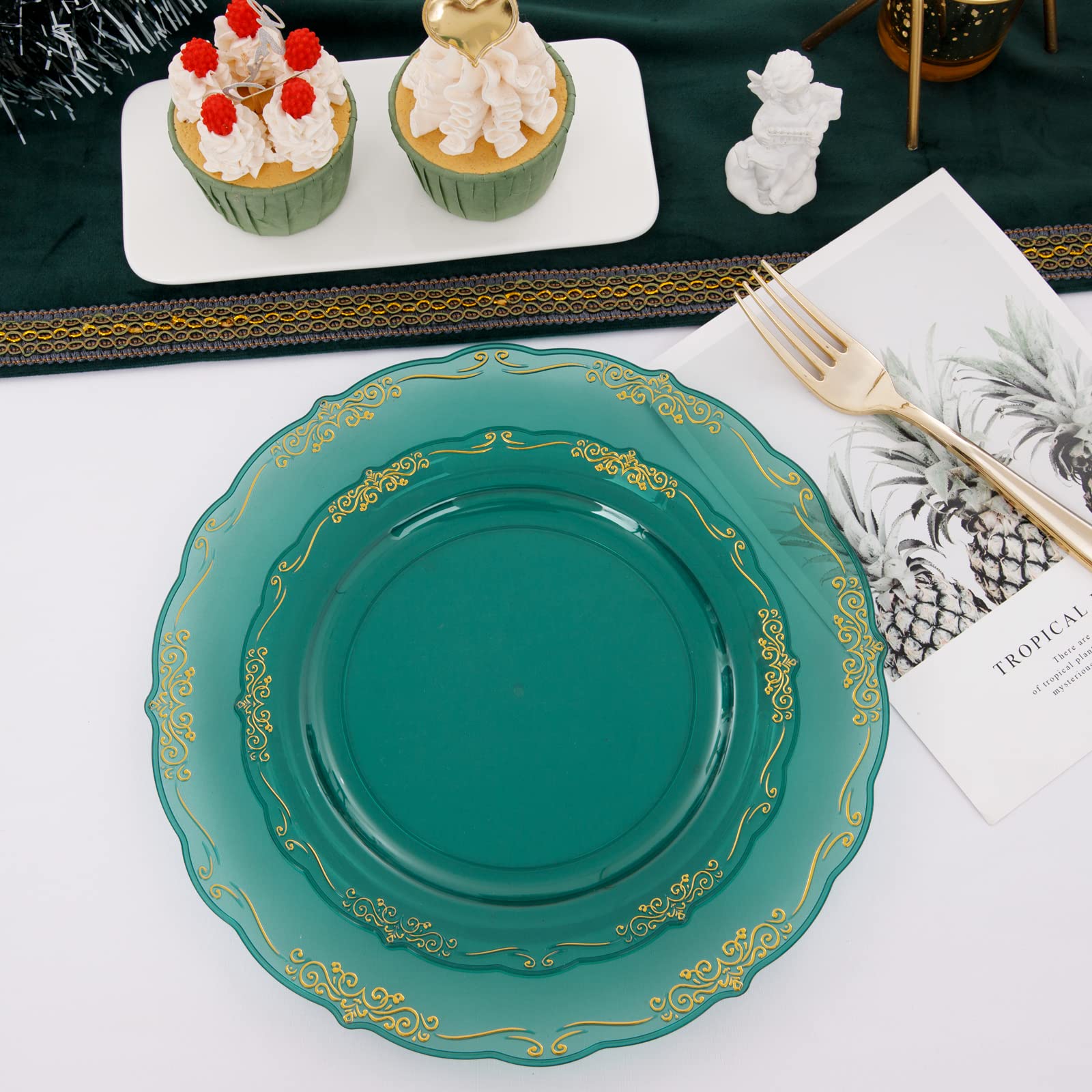 LIYH 100pcs Gold and Green Plastic Plates,Emerald Green Plates, Plastic ...