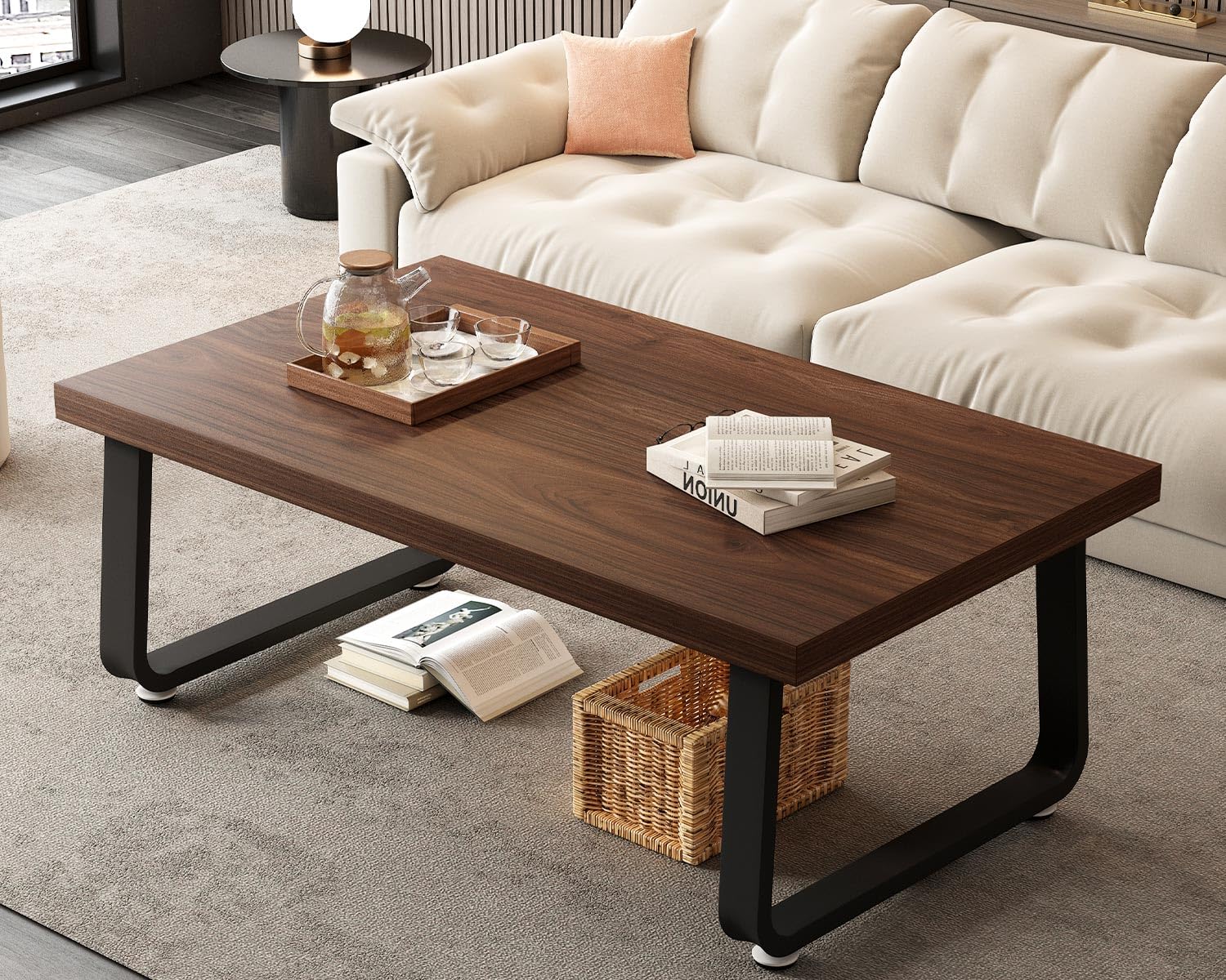 HSH Rustic Walnut Coffee Table, 39” Mid Century Modern Center Table ...