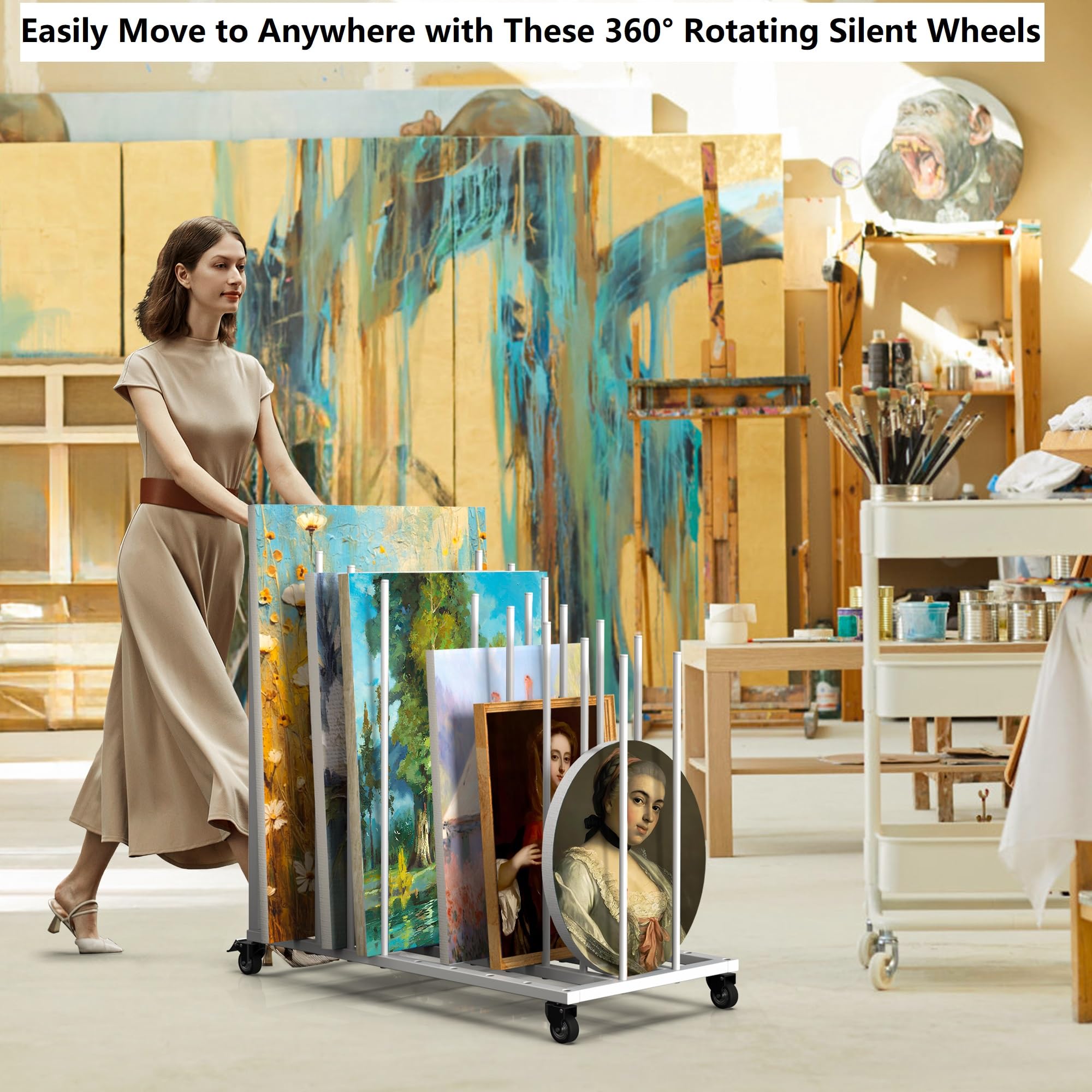 Snapklik.com : Rolling Art Canvas Storage Rack On Wheels, Adjustable ...