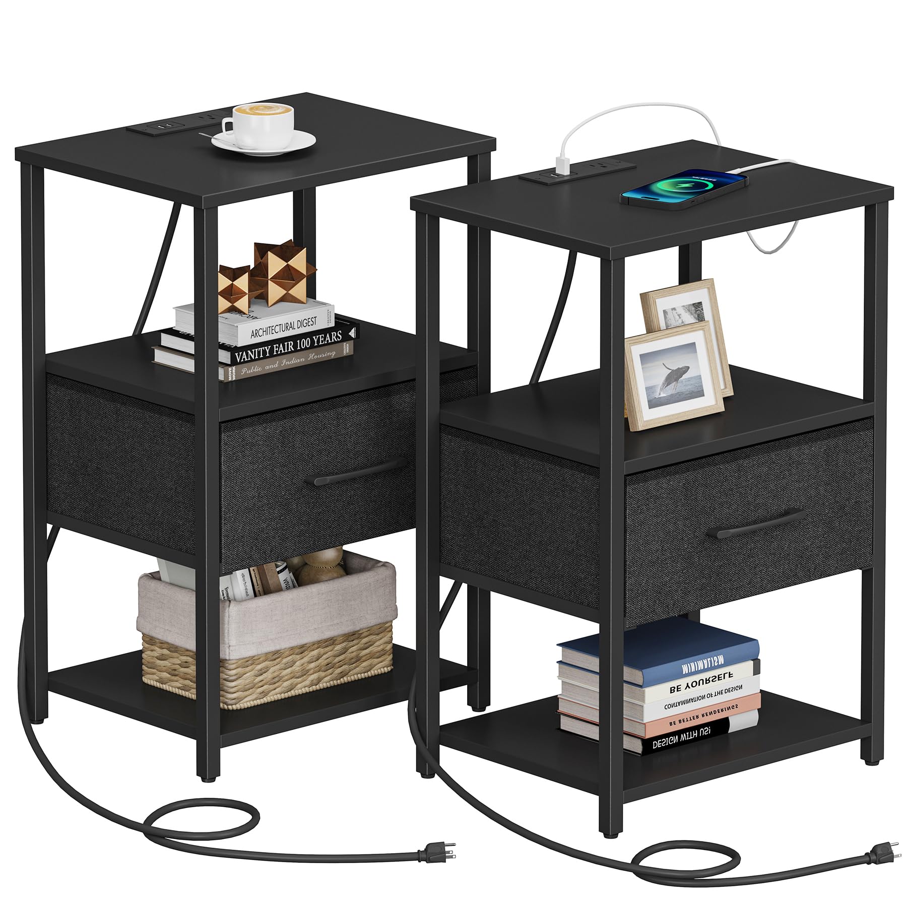 Amazon.com: TUTOTAK Black End Table, Side Table with Charging Station ...