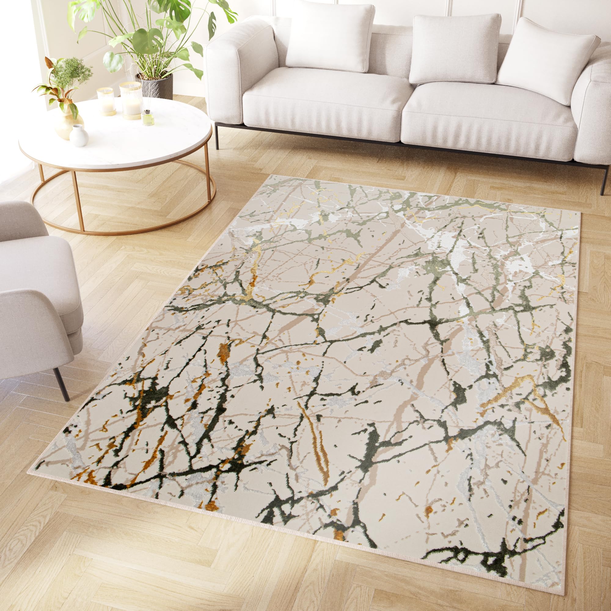 TAPISO Crystal Area Rug Short Pile Modern Green Gold Cream White ...