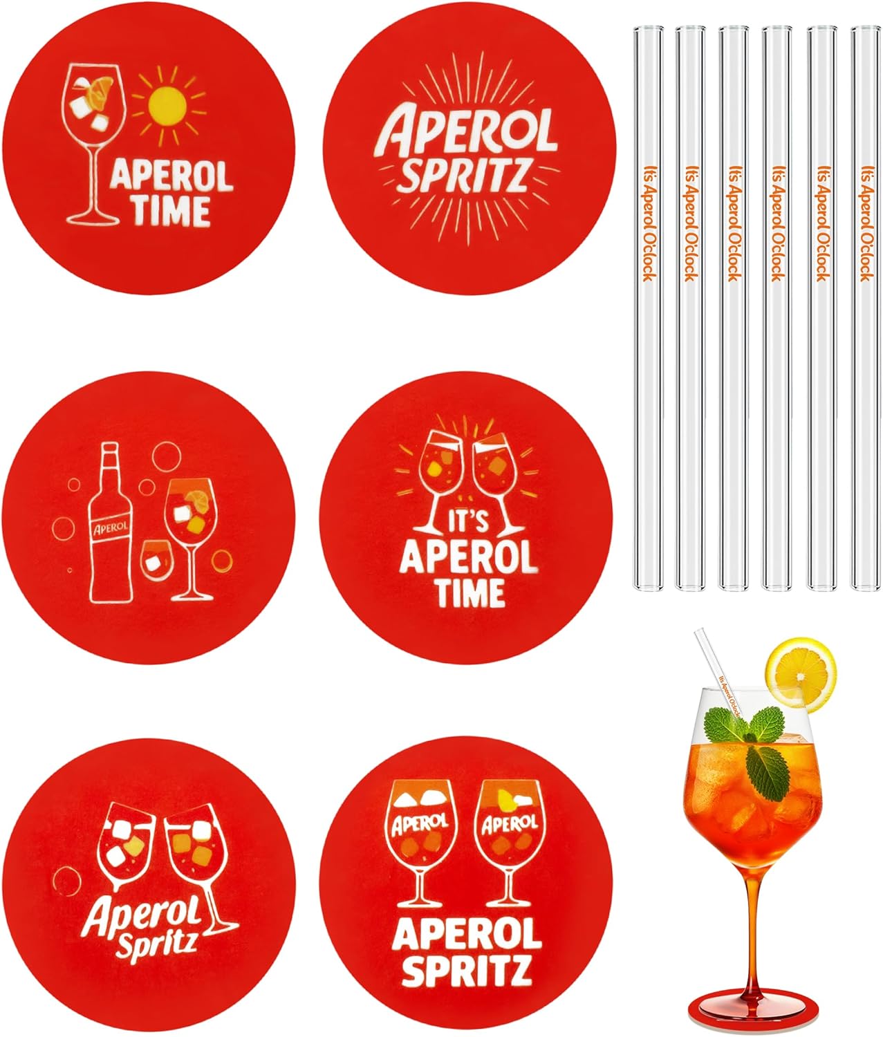 Aperol Spritz Complete Set: 6 Personalised Glass Straws "It's Aperol O ...