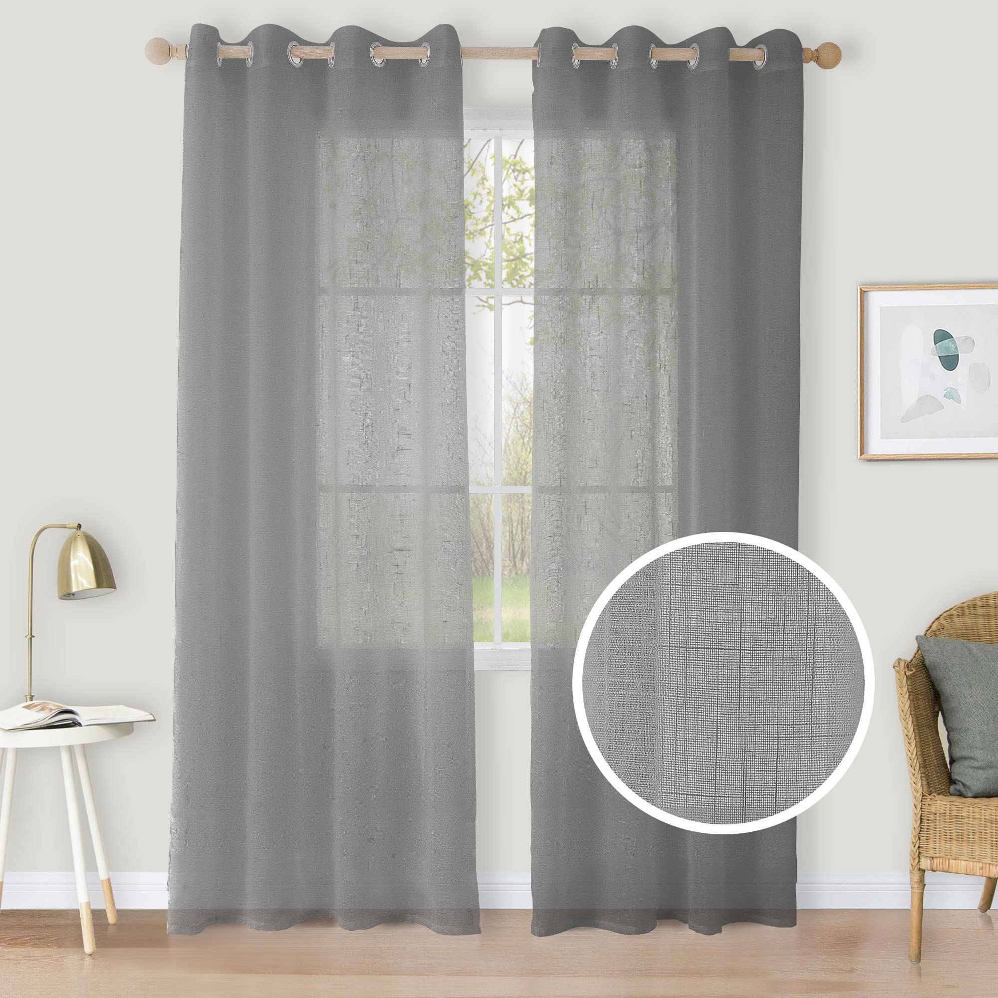 CUCRAF Linen Look Grey Voile Curtains, with Eyelets, Semi-Transparent ...