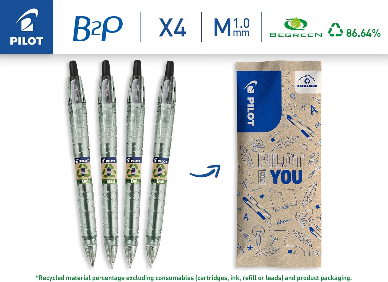 Pilot – Pack of 4 B2P Ecoball 1.0 – Retractable Ballpoint Pens – Made ...