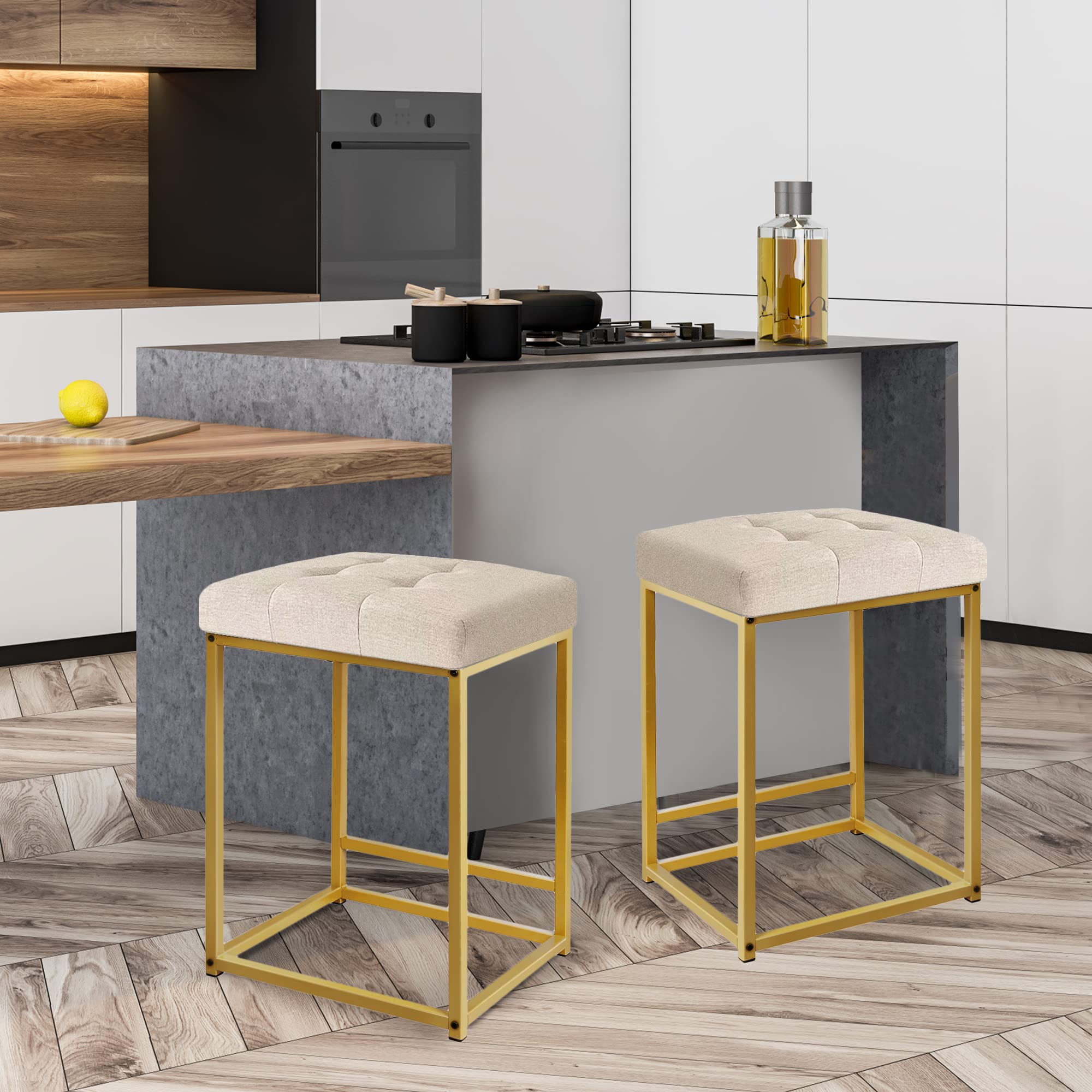 GIA 24-Inch Counter Height Square Metal Stool with Footrest and Tufted ...