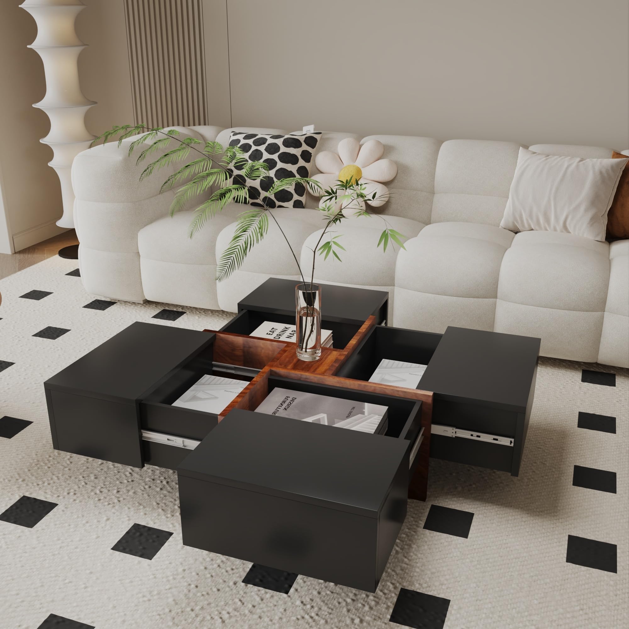 BERA DESIGN Black Square Coffee Table with Storage Drawers, Black ...