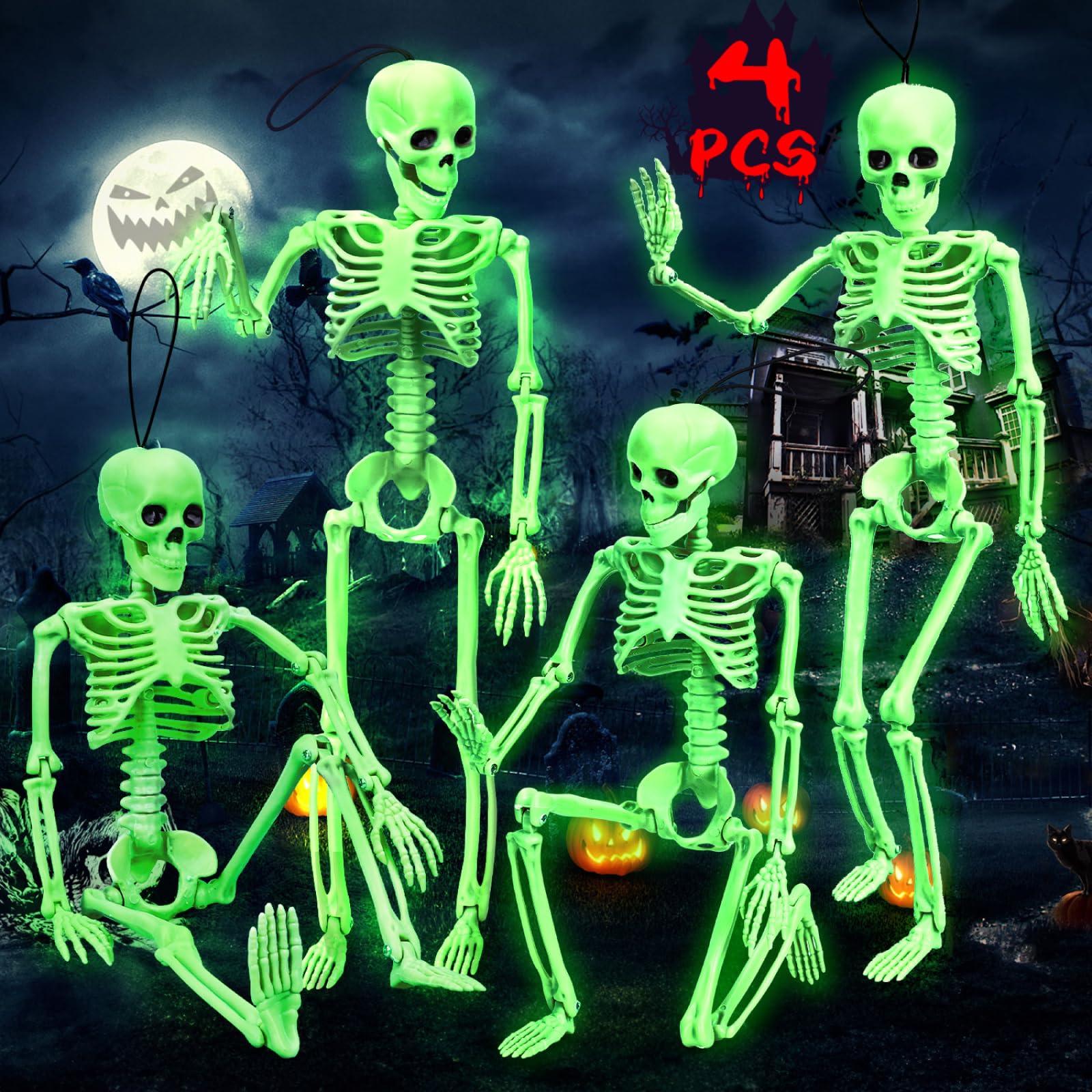 Amazon.com: TOY Life 4 Pcs Halloween Hanging Skeleton Decoration Glow ...