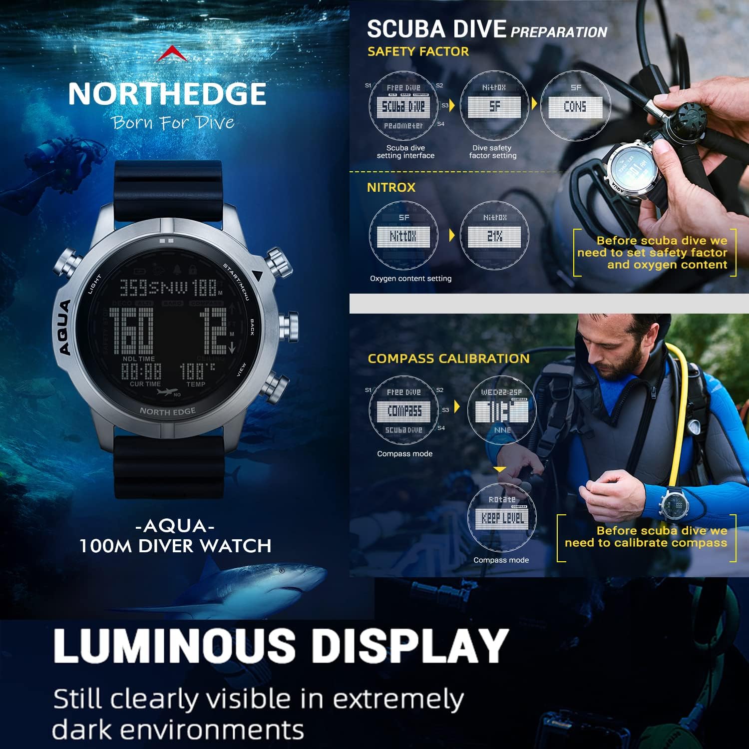 Amazon.com: NORTH EDGE Aqua Professional Diving Computer Watch for Men ...