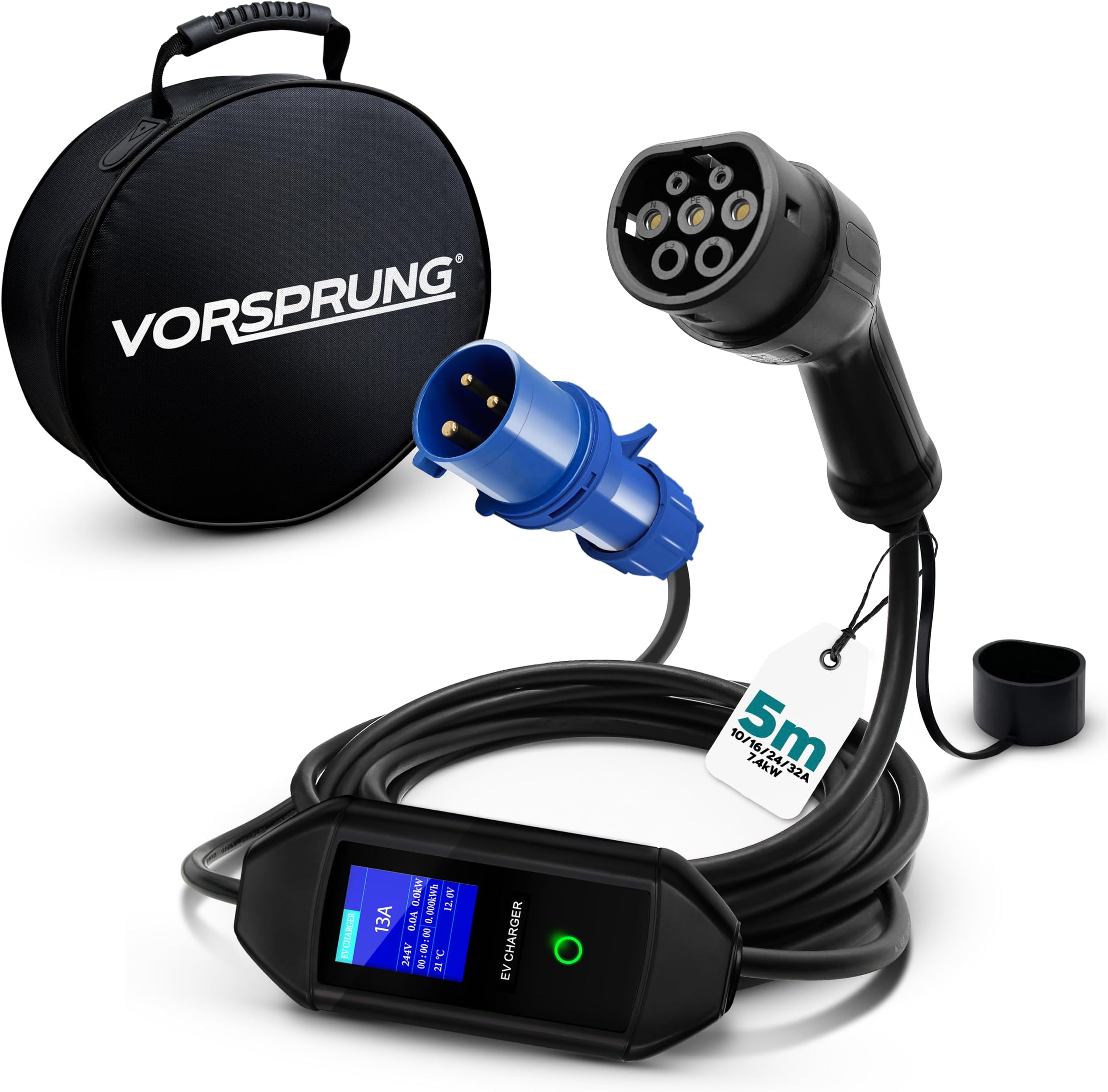 VORSPRUNG® (CEE 3 Pin Plug) Portable Type 2 EV Charger, Adjustable ...