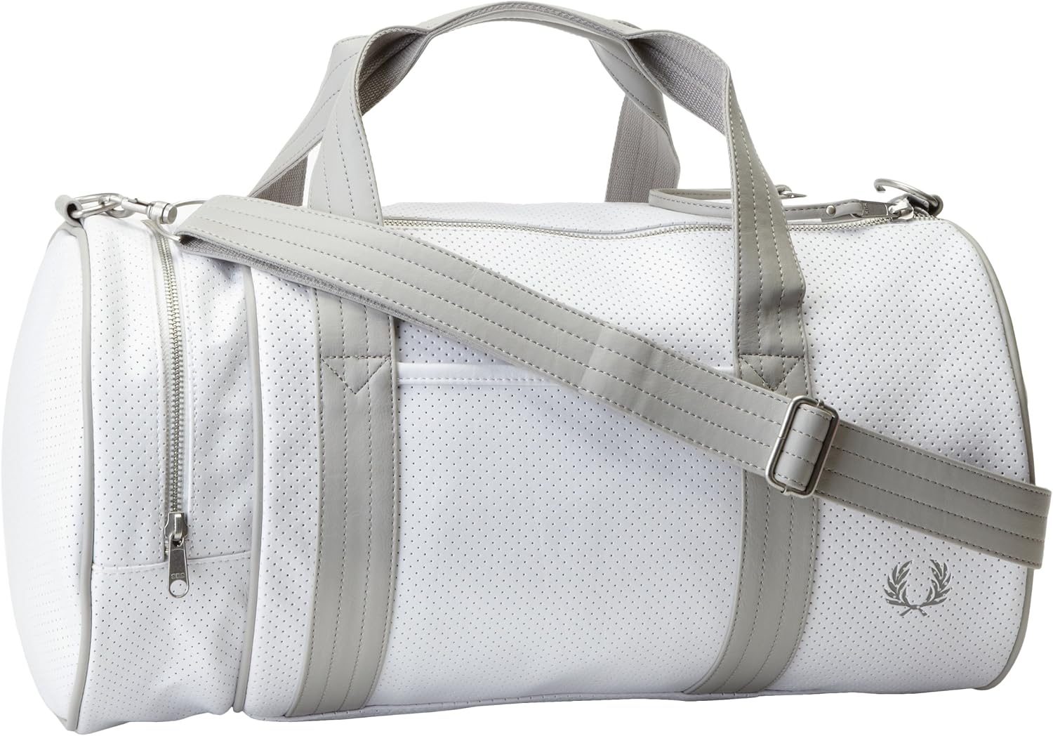 Amazon.com: Fred Perry Men's Perforated Barrel Bag, White/Cloudburst ...
