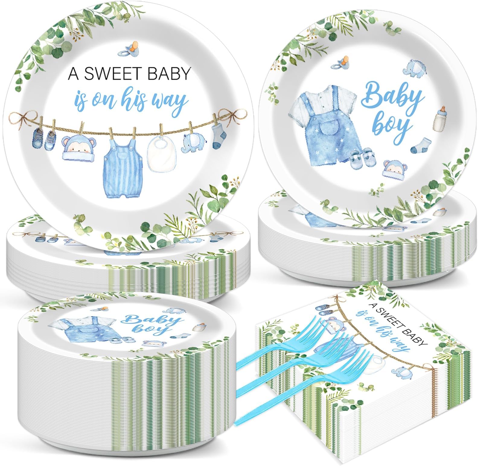 Amazon.com: Heboland Boy Baby Shower Decorations Plates Set 25 Guests ...