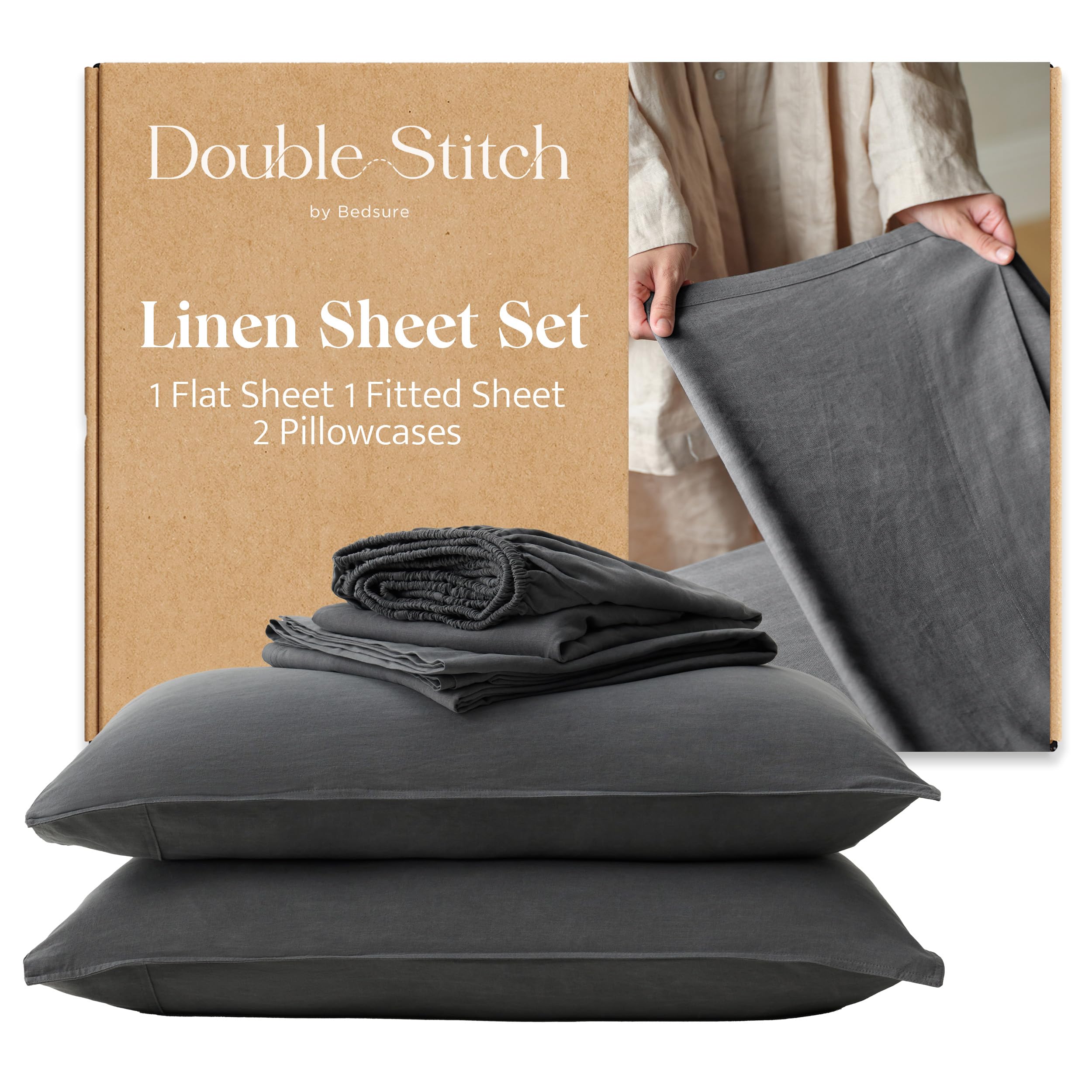 Amazon.com: Double Stitch European Flax Linen Sheets Set - 4 PC Queen ...