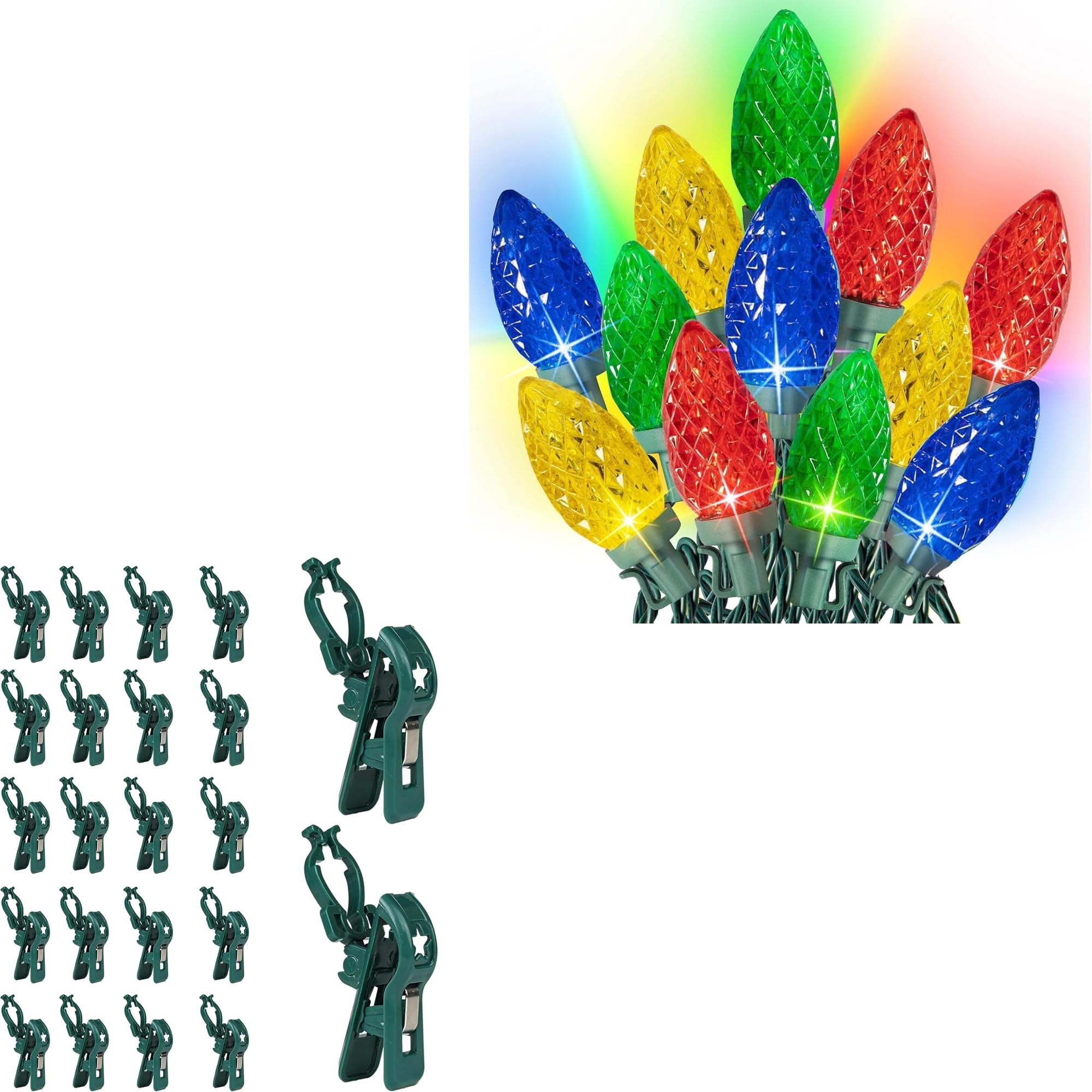 Dazzle Bright 50 Pack C7 C9 Lights Spring Clips + 100 LED Multi-Colored ...
