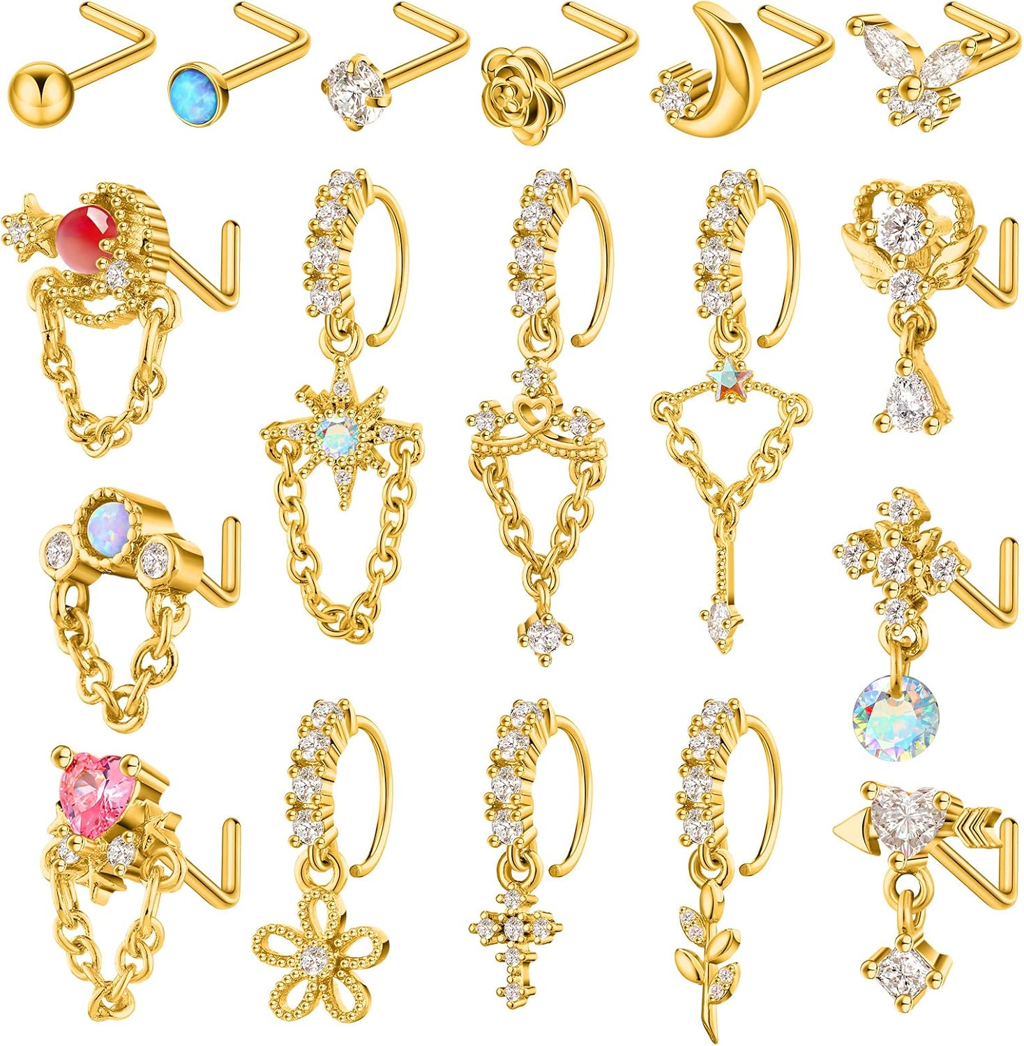 Amazon.com: Sasylvia 18 Pcs Dangling Nose Rings Hoops l Shap Dangle ...