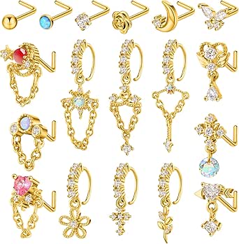Amazon.com: Sasylvia 18 Pcs Dangle Nose Rings l Shaped Dangling Nose ...