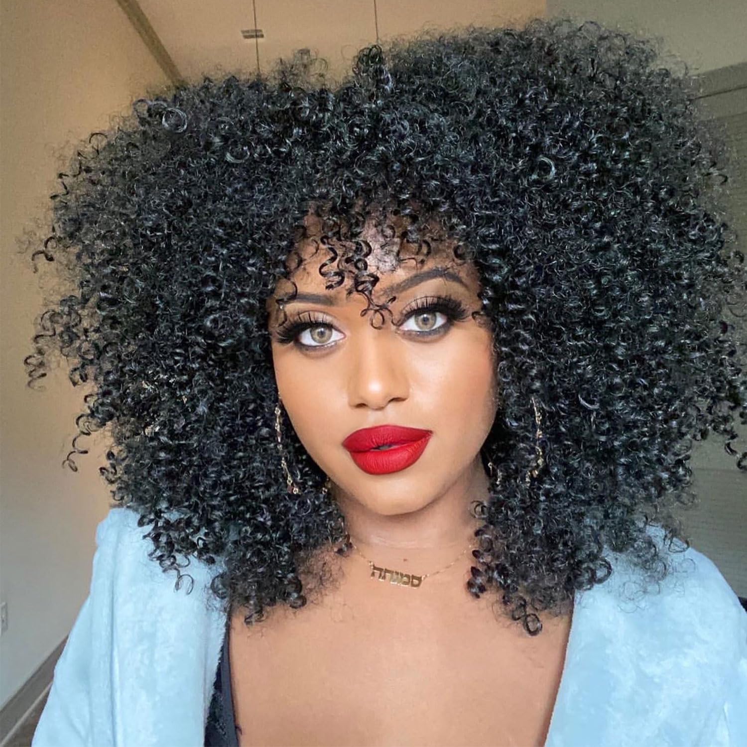 Amazon.com : Fancy Hair Afro Curly with Bangs Kinky Curly Wig Synthetic ...