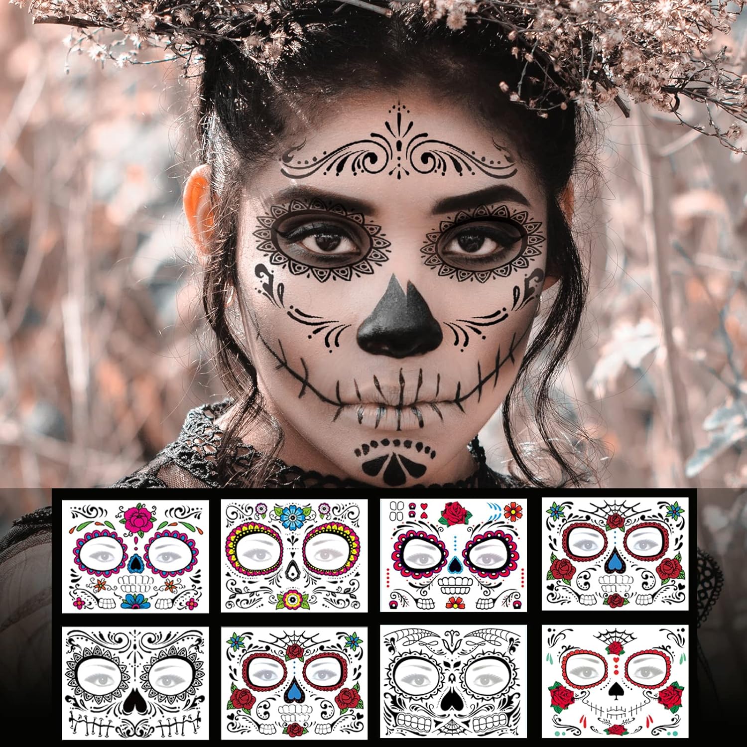 Amazon.com : Day of the Dead Face Tattoos - 8 Sheet Halloween Temporary ...