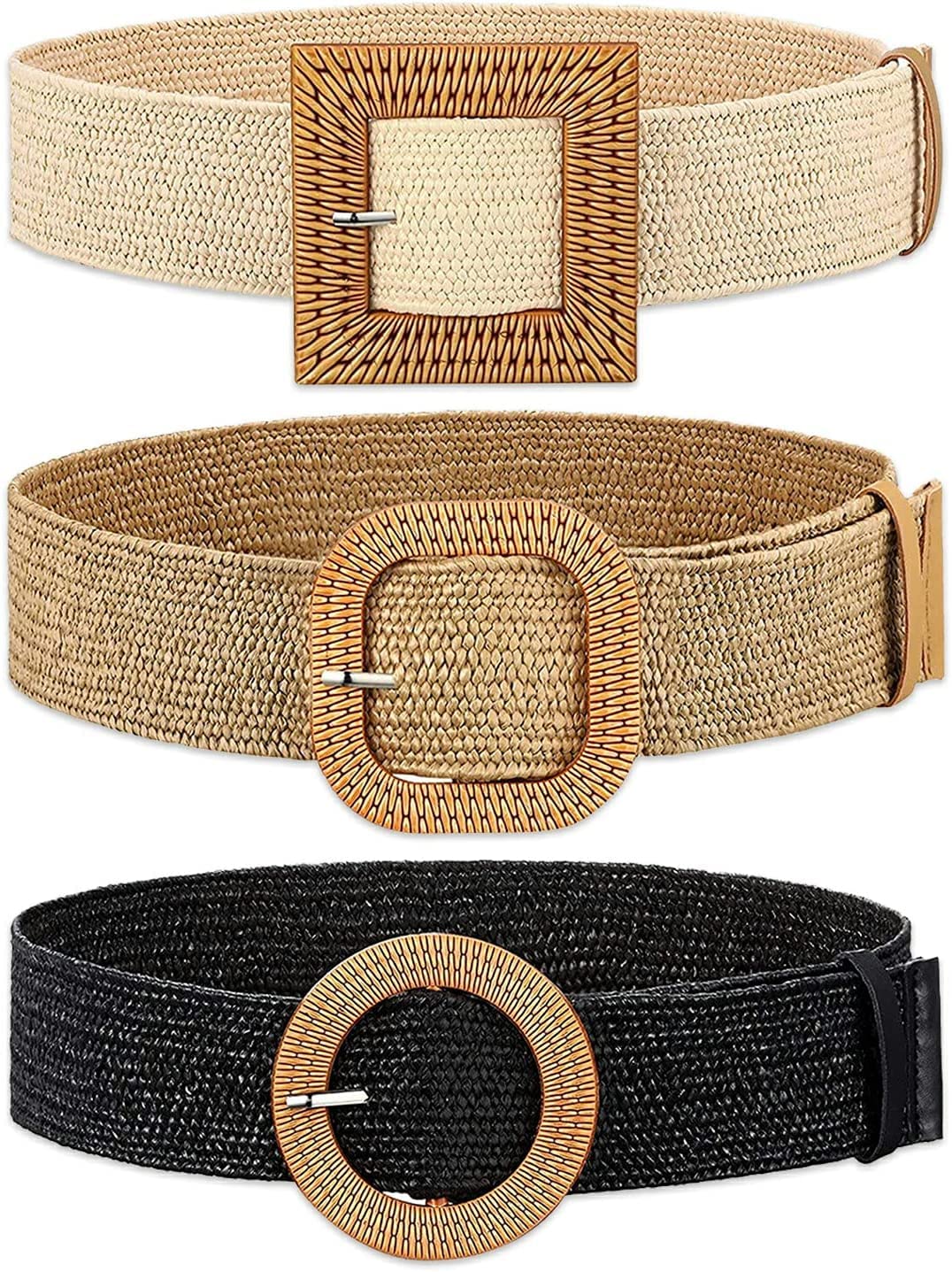 Women Straw Rattan Belts,3Pcs Elastic Straw Rattan Waist Band,Ladies ...