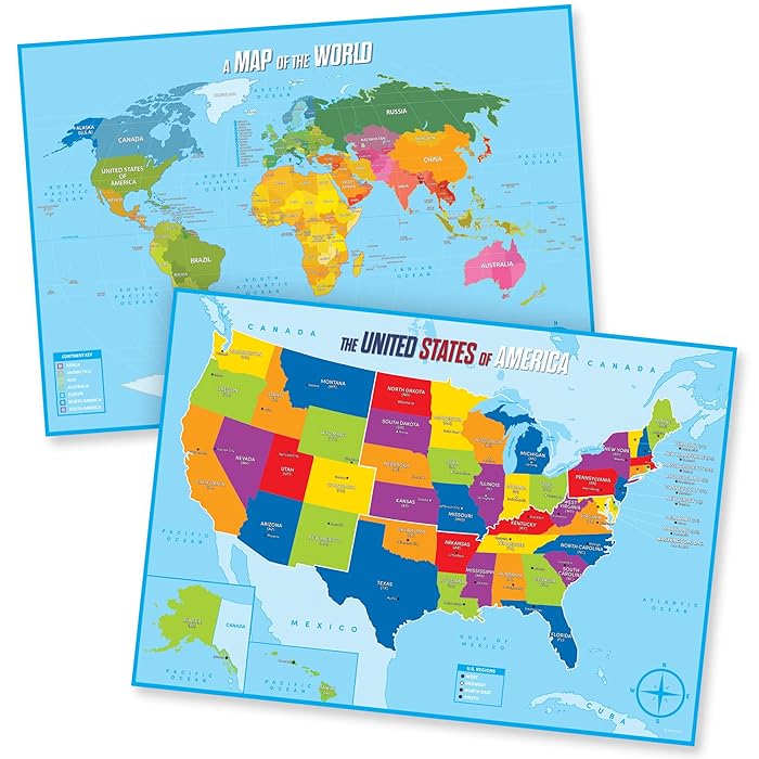 Buy World Map & USA Map Kids Wall Posters - 2 Large, Colorful ...
