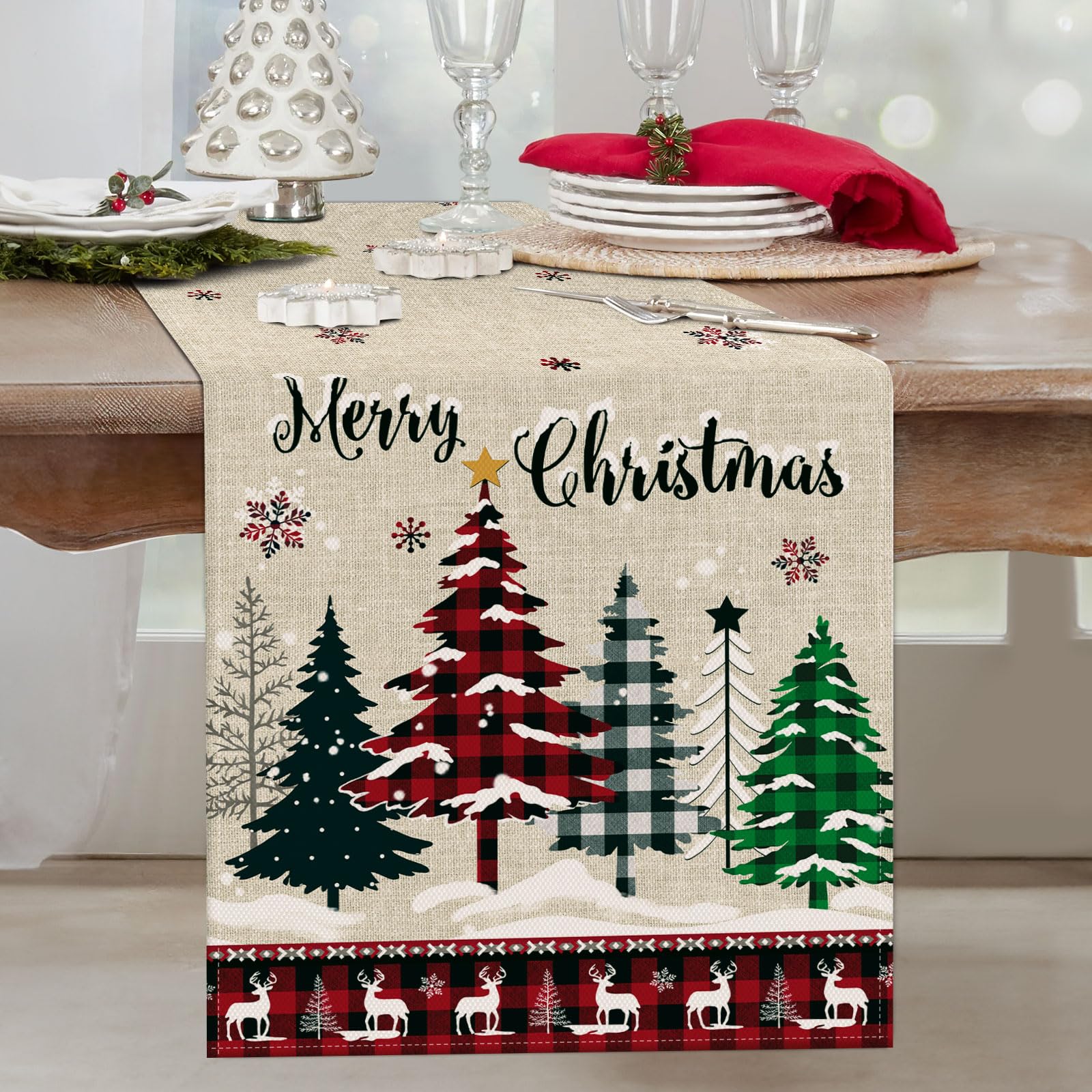 Amazon.com: Bonhause Buffalo Plaid Merry Christmas Trees Table Runner ...