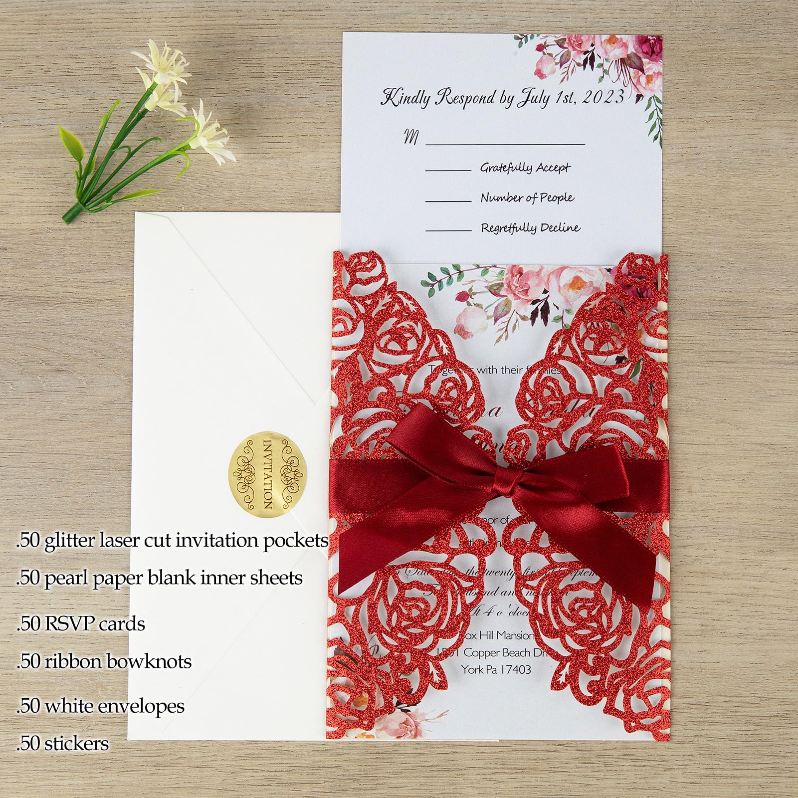 Red And White Invitation Paper AdasBridal 50Pcs Red Floral Wedding