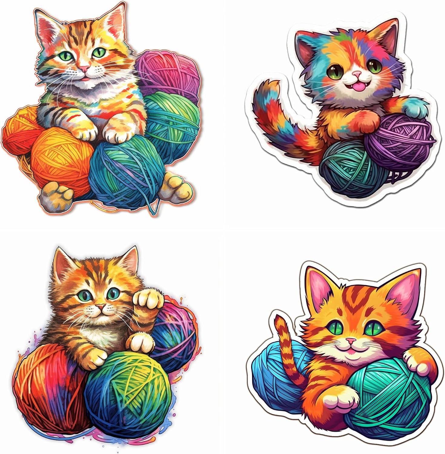 Amazon.com: Cats with Yarn - x4 Stickers. Vibrant Colorful Colors ...