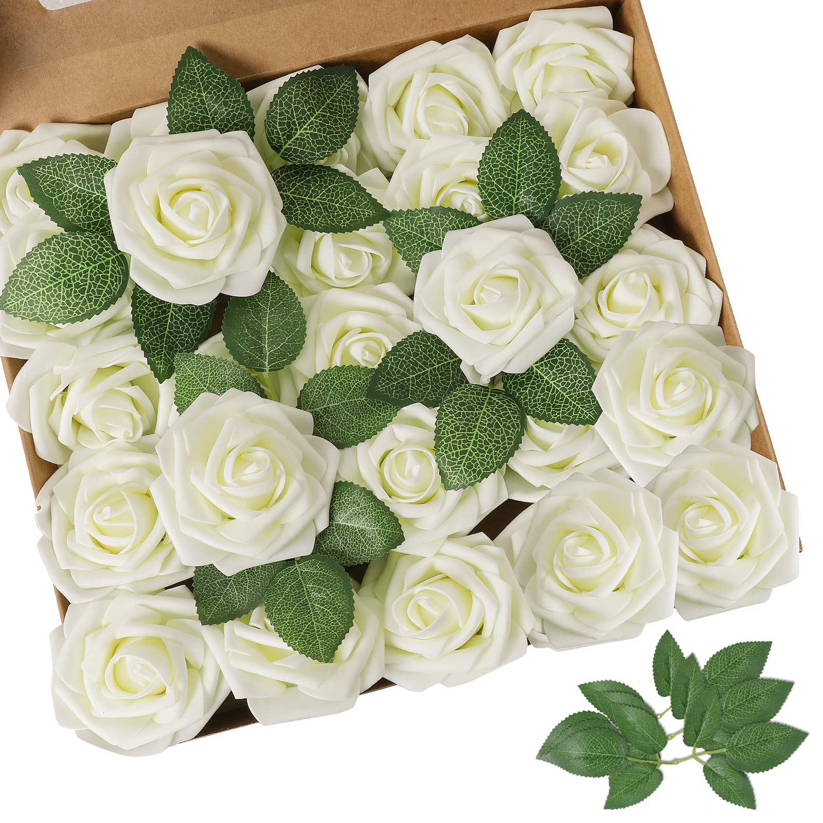 Amazon.com: AmyHomie Artificial Flower Ivory Rose 25pcs Real Looking ...