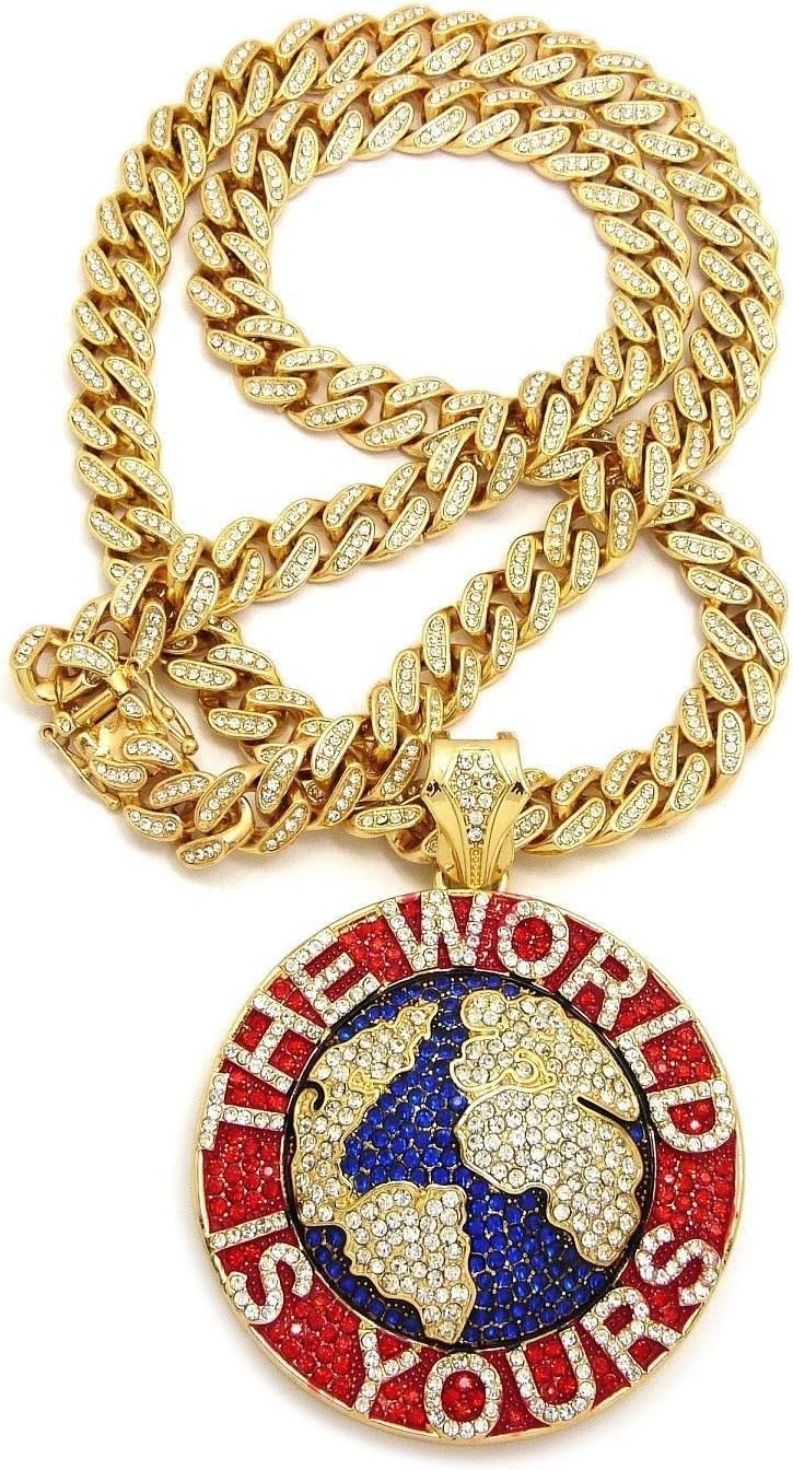 BLINGFACTORY ICED THE WORLD IS YOURS PENDANT & 12mm 30" ICED CUBAN ...